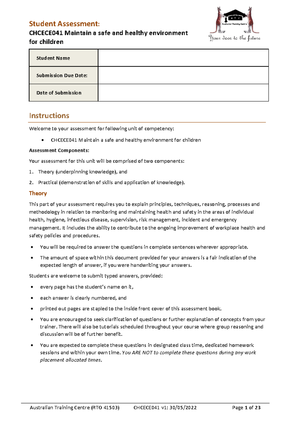 Chcece 041 Student Assessment - CHCECE041 Maintain a safe and healthy ...