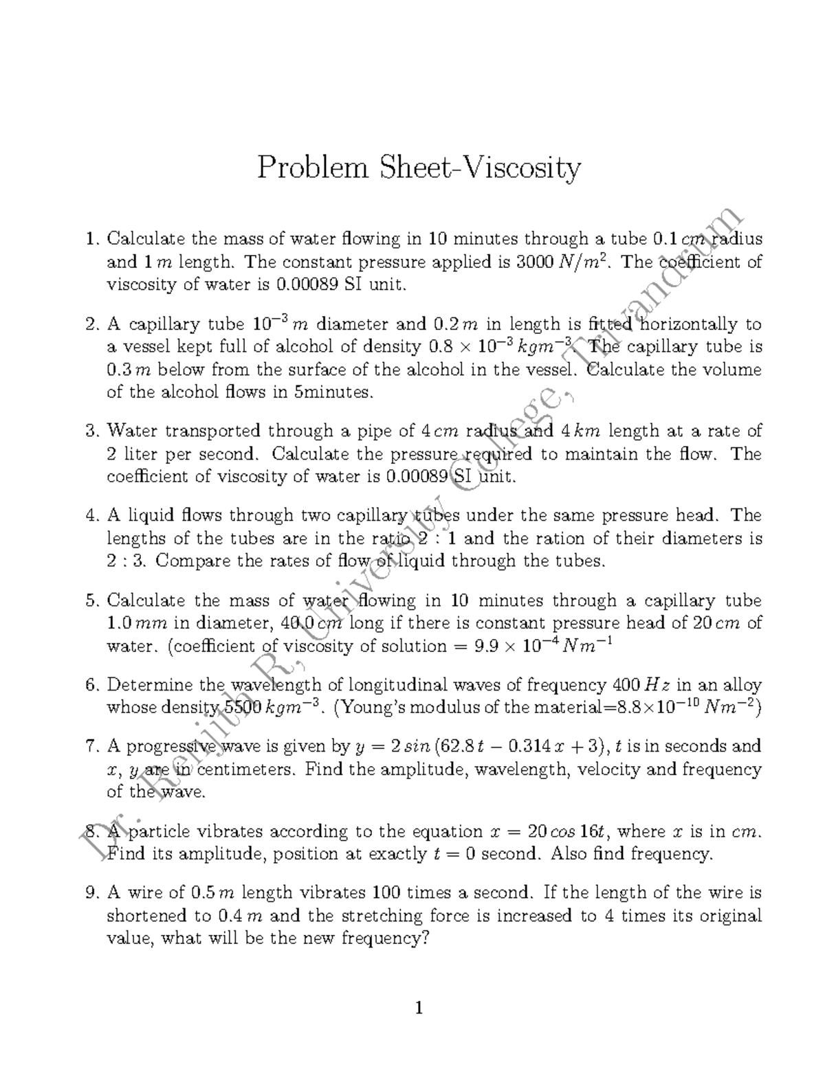 Viscosity problem sheet contains some important problems - Dr. Renjith ...