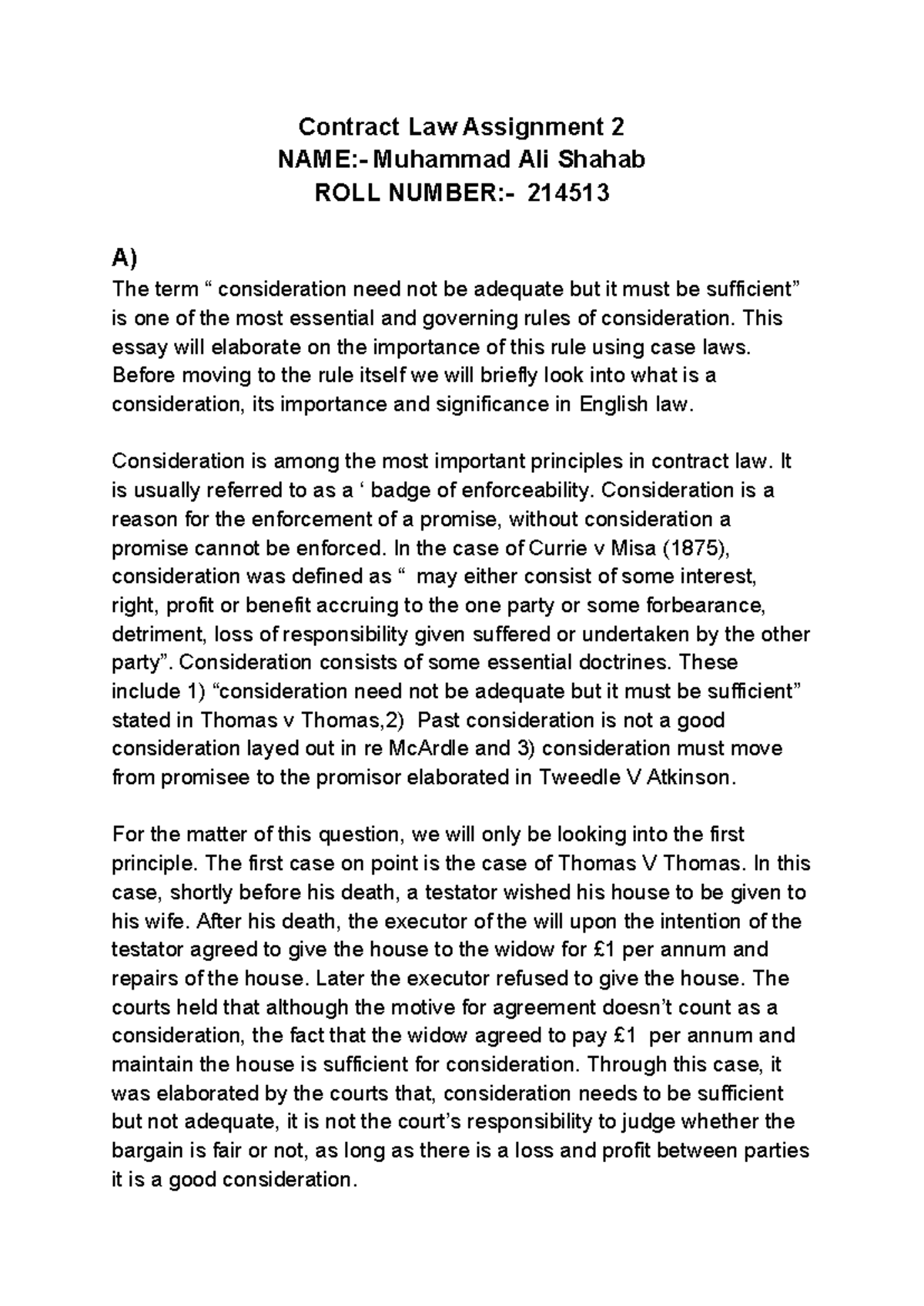 Contract law assignment 2 graded - Contract Law Assignment 2 NAME ...