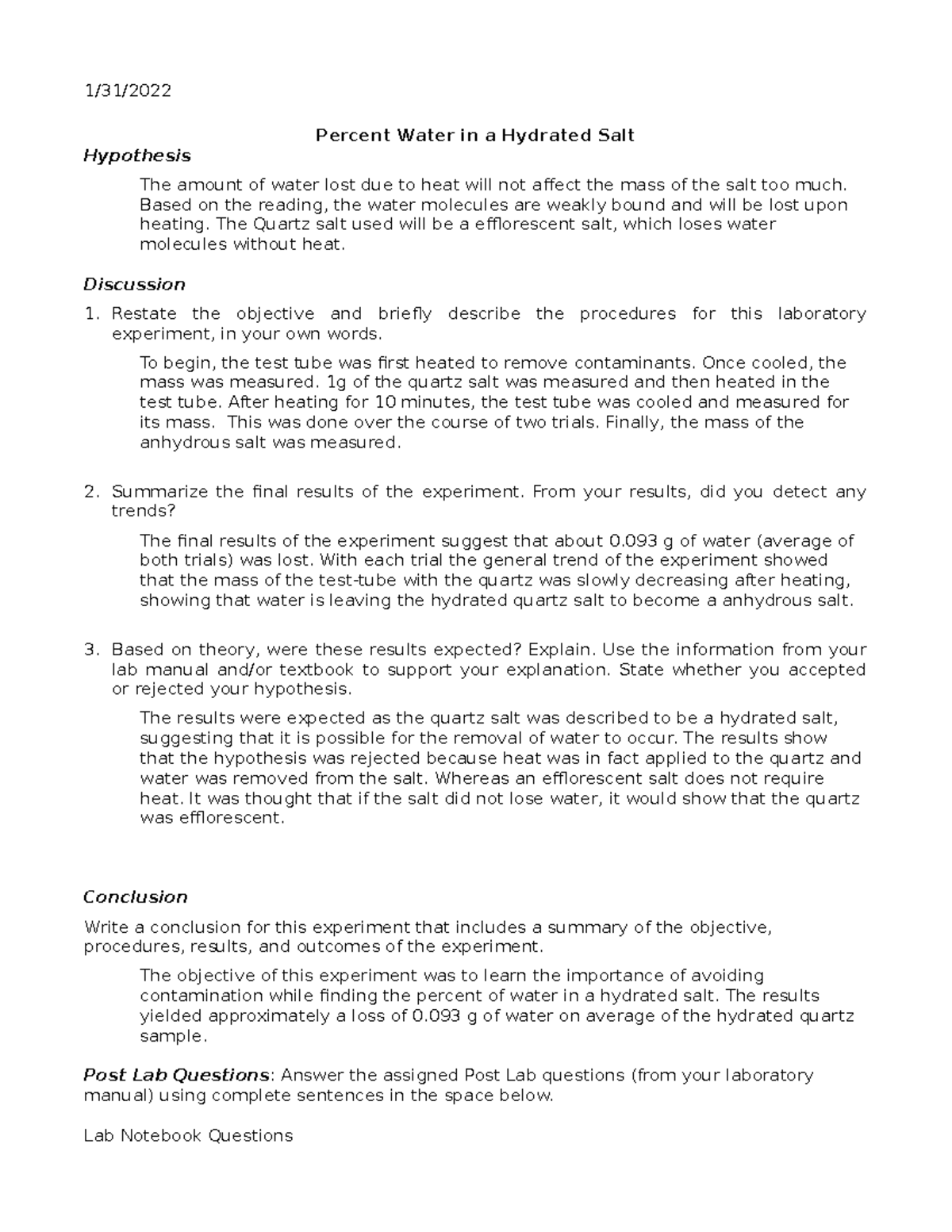 Lab Percent water in a hydrated salt short lab - 1/31/ Percent Water in ...