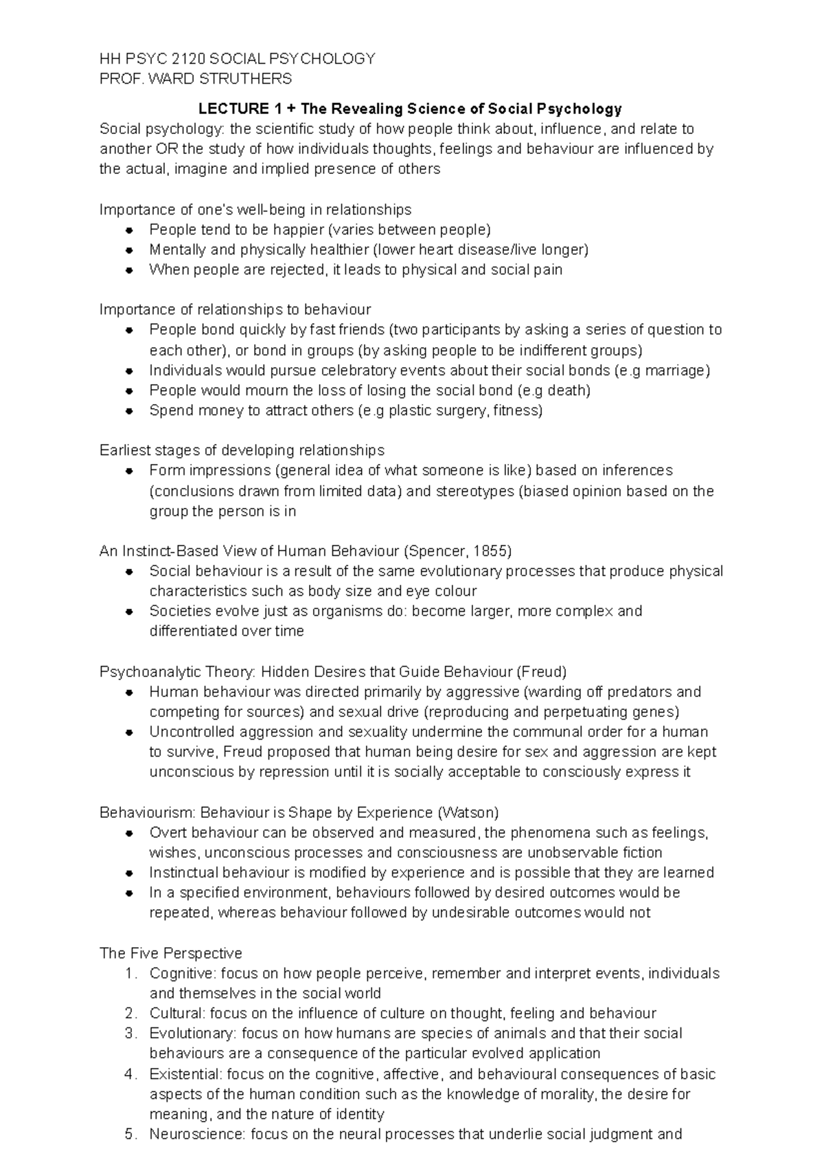 Social Psychology Classmate Notes - PROF. WARD STRUTHERS LECTURE 1 ...