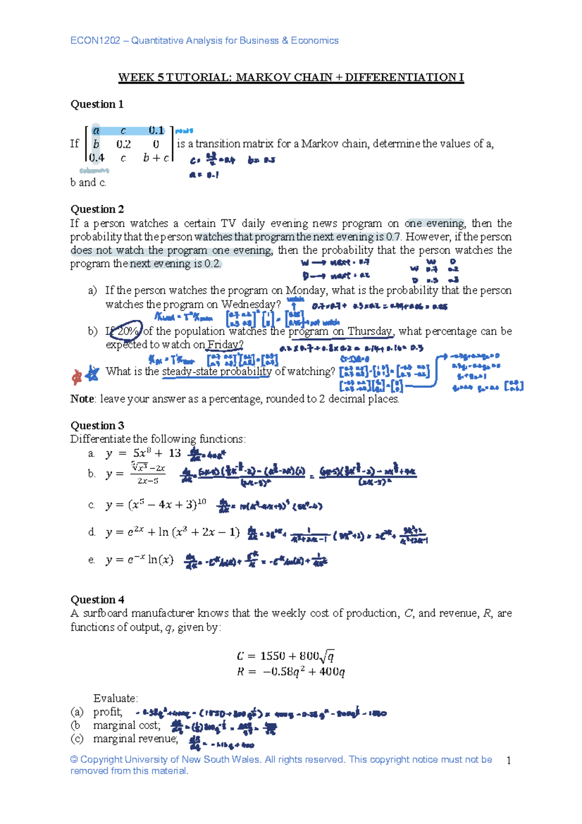 Week 5 Tutorial Questions - ECON1202 – Quantitative Analysis for Business & Economics © - Studocu