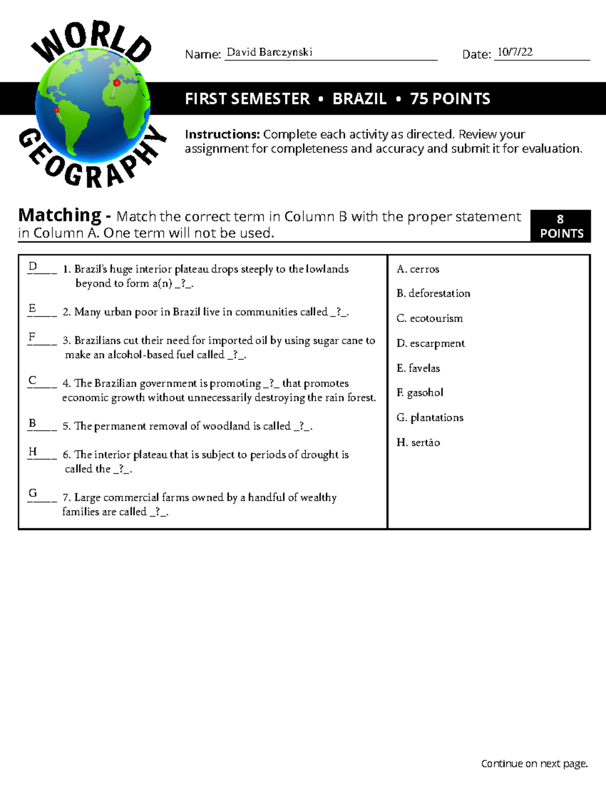 World geography brazil worksheet David B - W ORLD G E O G R A P H Y ...