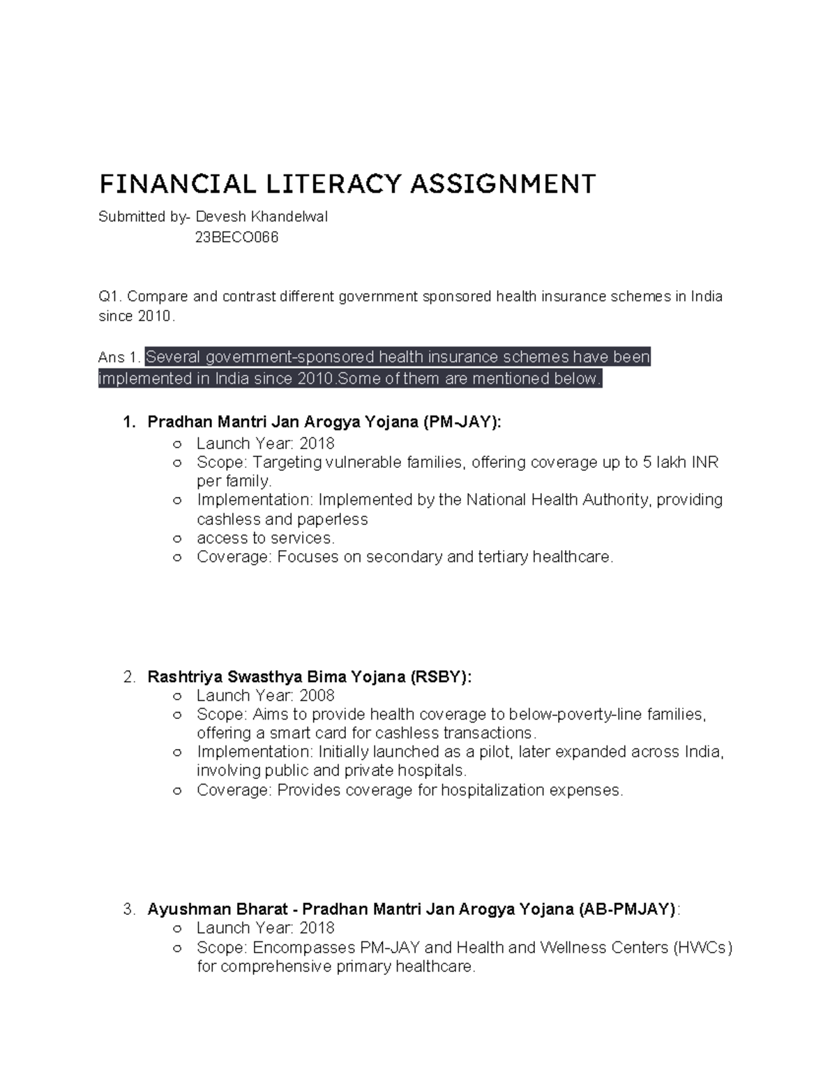 Financial literacy assignment - FINANCIAL LITERACY ASSIGNMENT Submitted ...