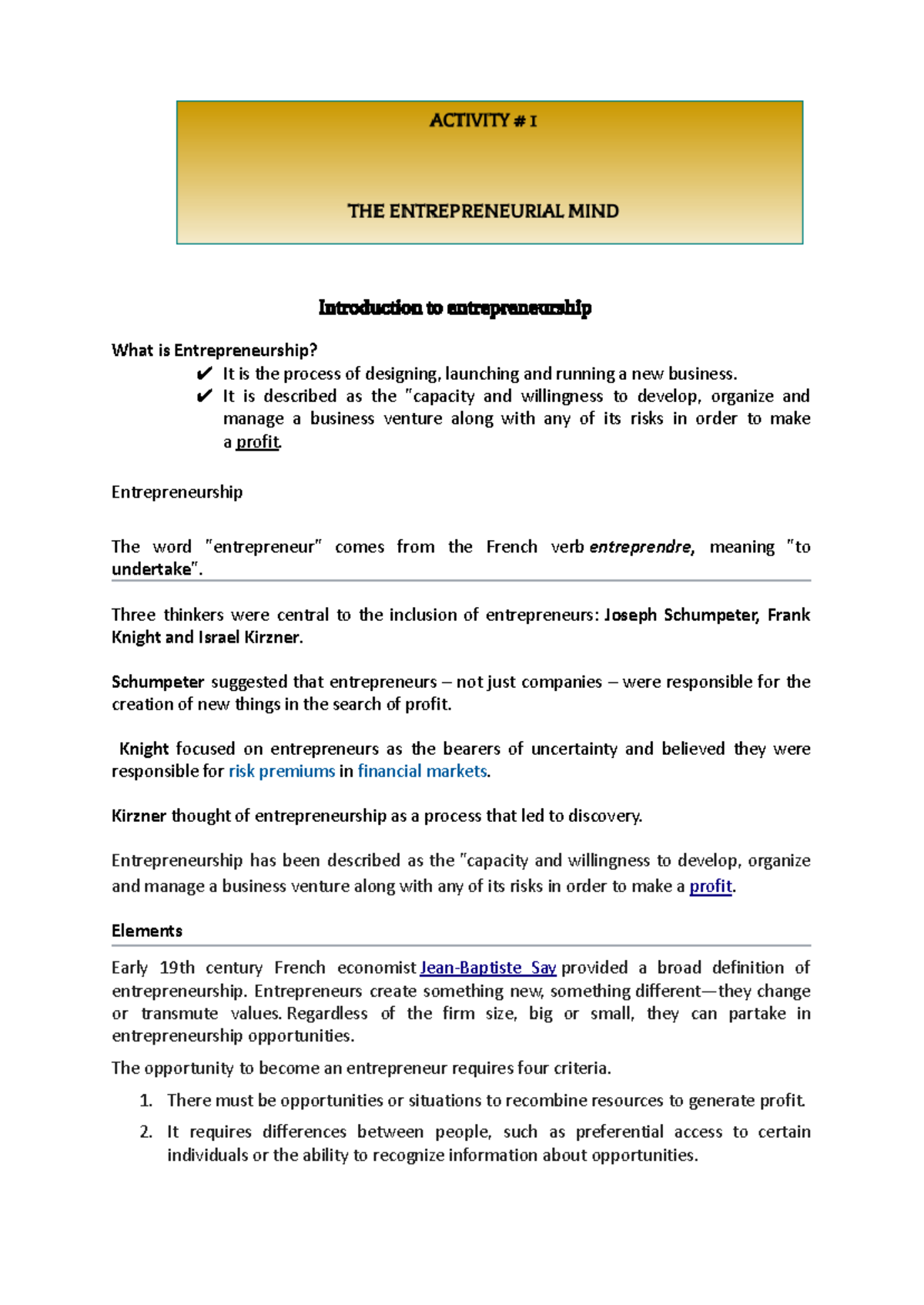 THE INTRODUCTION OF ENTREPRENEURSHIP - ACTIVITY # 1 Introduction to ...