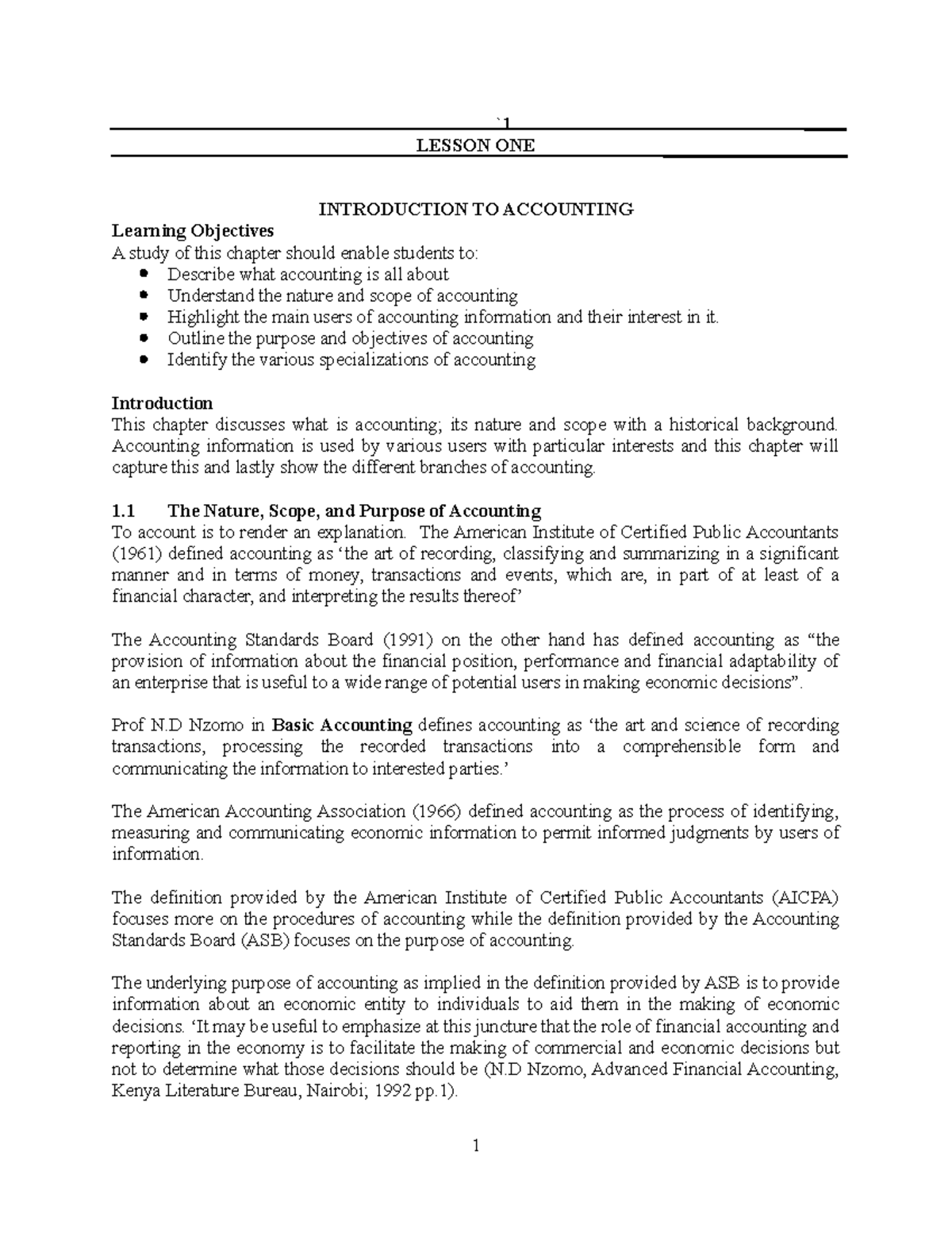 Accounting I Module-1 (Repaired) - ` LESSON ONE INTRODUCTION TO ...