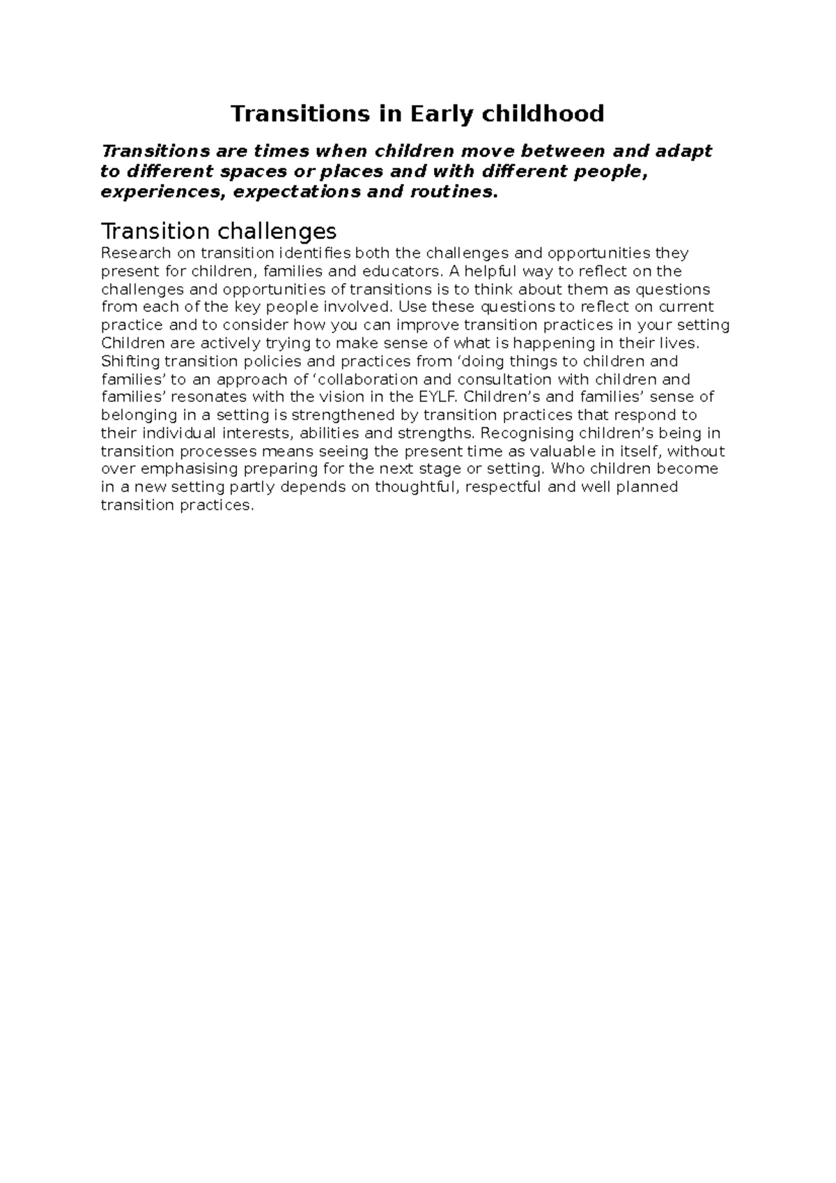 Transitions in Early childhood - Transitions in Early childhood ...