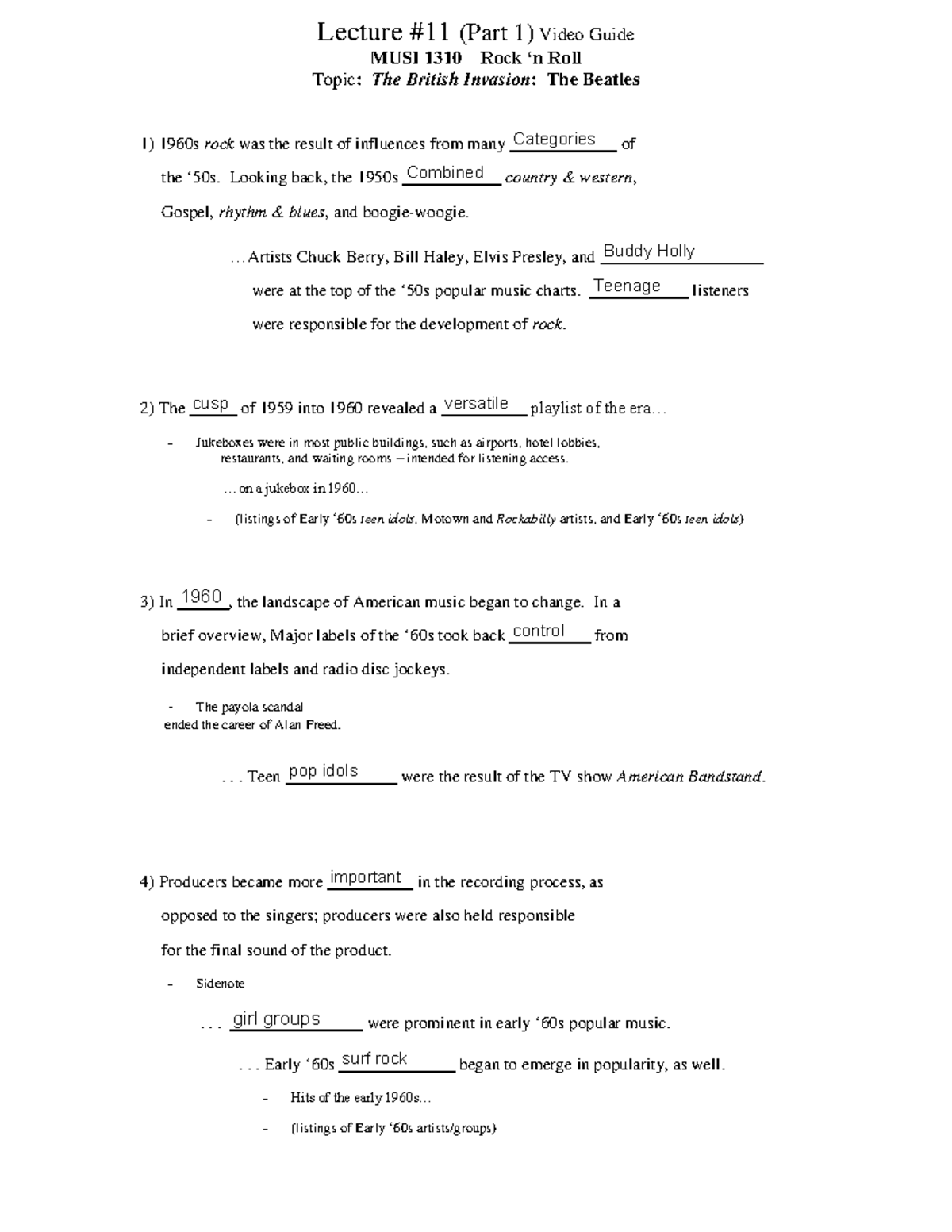 Lecture 11 (part 1) Video Guide - MUSI 1310 Rock ‘n Roll Topic: The British Invasion: The ...