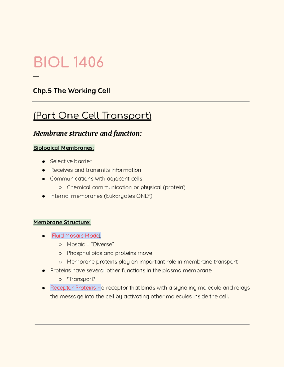 Chp 5 The Working Cell - Lecture notes 6-7 - BIOL 1406 Chp The Working ...
