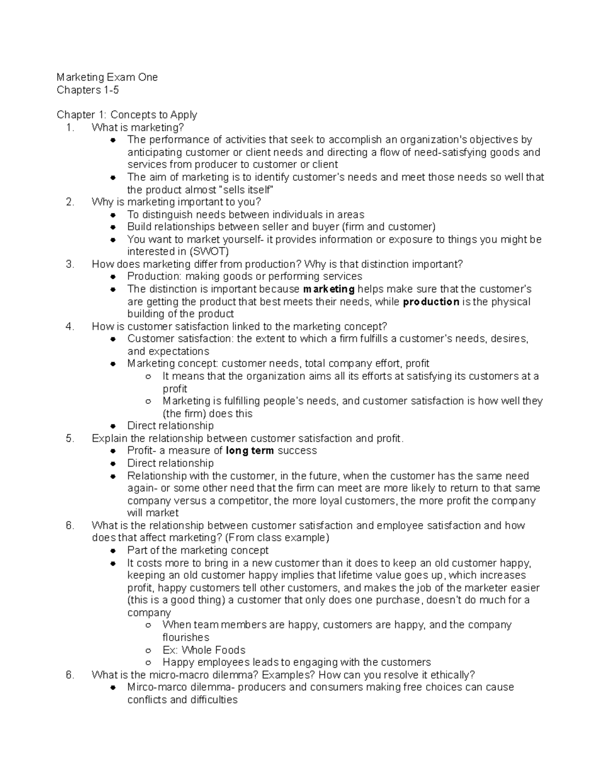 Marketing Test One - Marketing Exam One Chapters 1- Chapter 1: Concepts ...