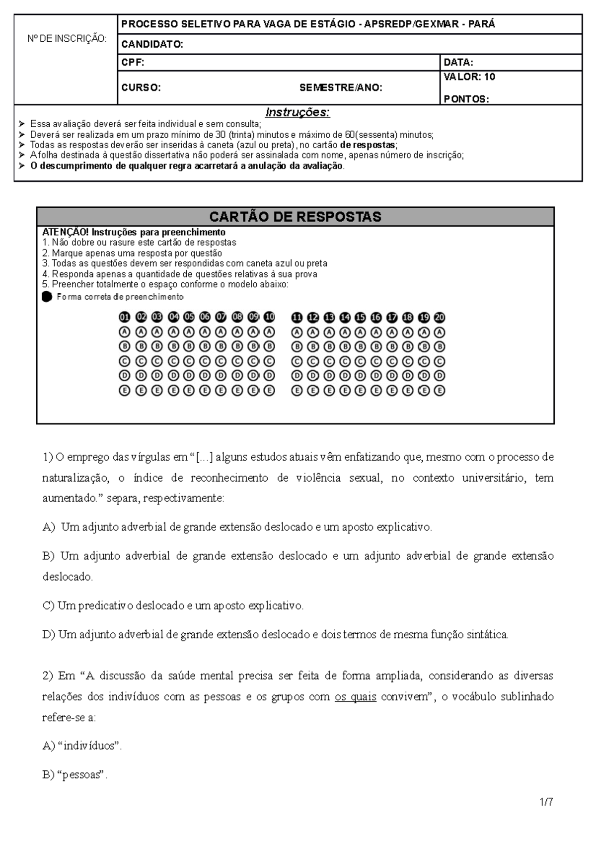 Modelo de Prova - Nº DE INSCRIÇÃO: PROCESSO SELETIVO PARA VAGA DE ...