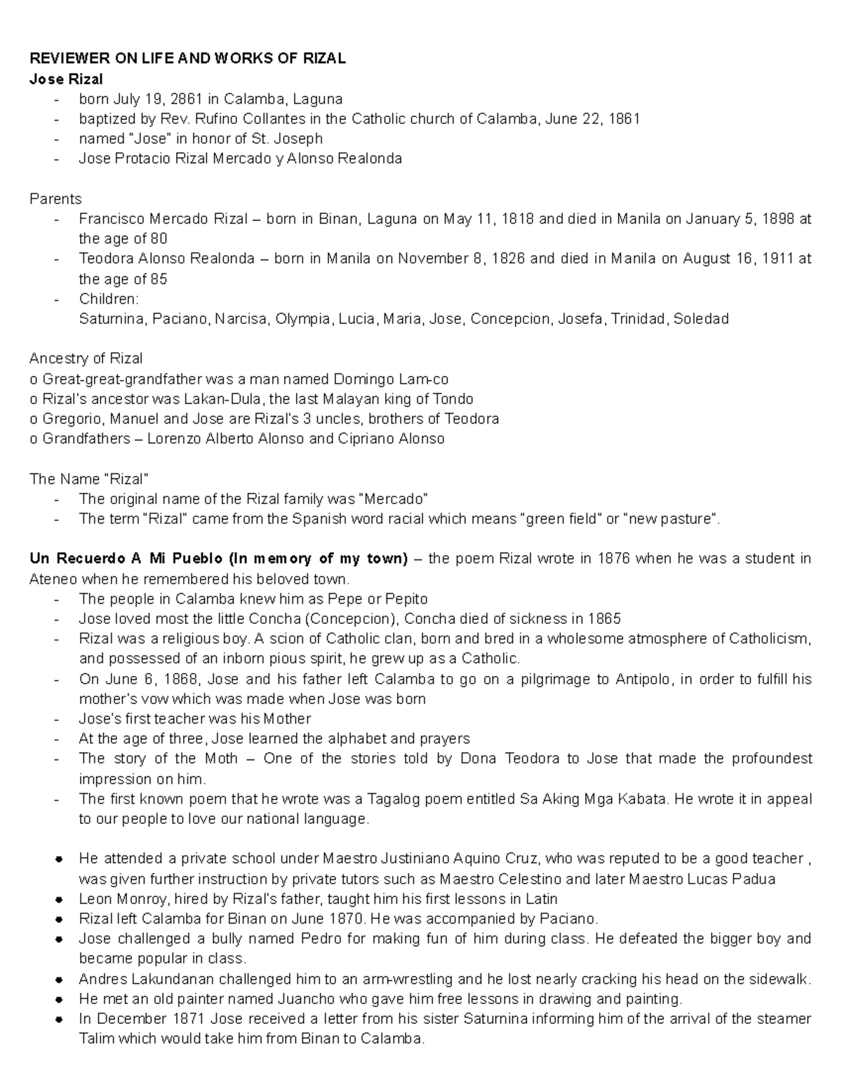 Rizal Notesssssssssss - Jose Rizal - born July 19, 2861 in Calamba ...