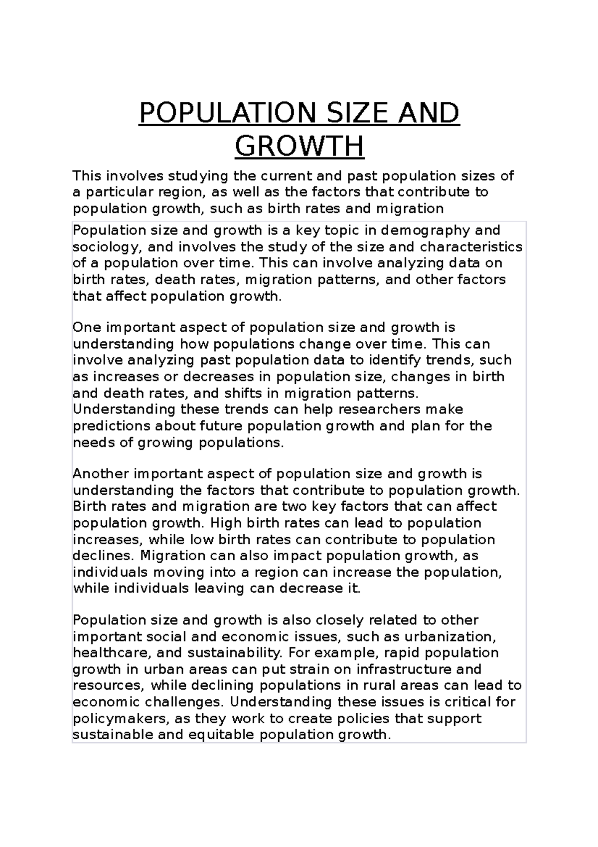 Population SIZE AND Growth - POPULATION SIZE AND GROWTH This involves ...