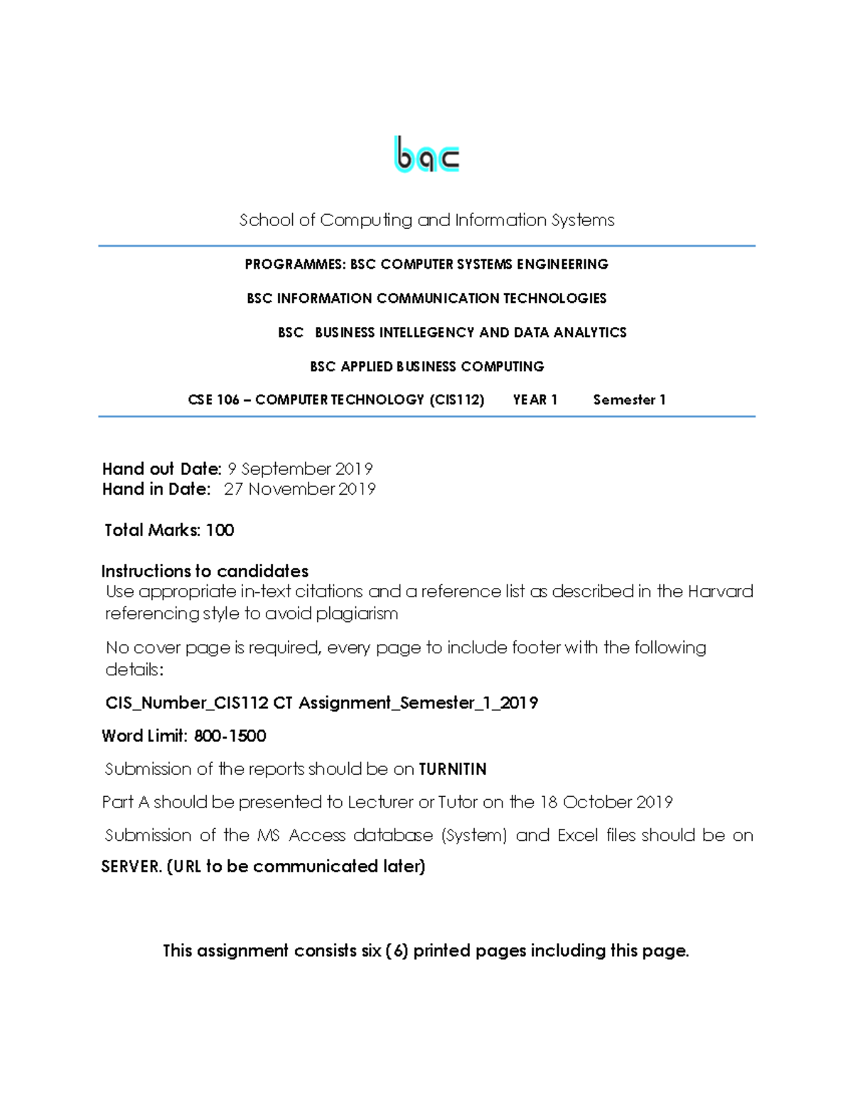 CT Assignment 2019 - question paper - School of Computing and ...