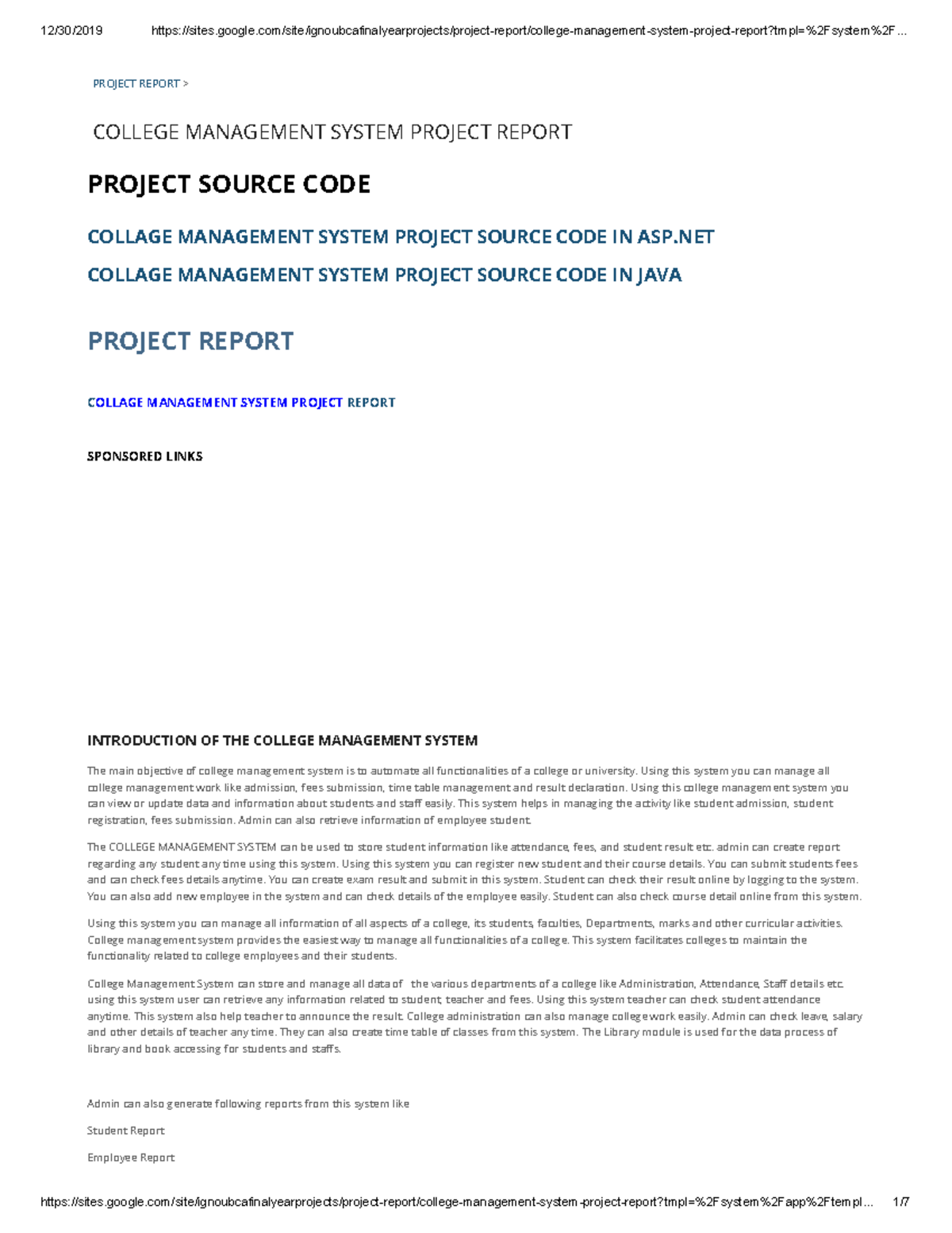 Pdfcoffee - fdsf - PROJECT REPORT COLLEGE MANAGEMENT SYSTEM PROJECT REPORT PROJECT SOURCE CODE ...