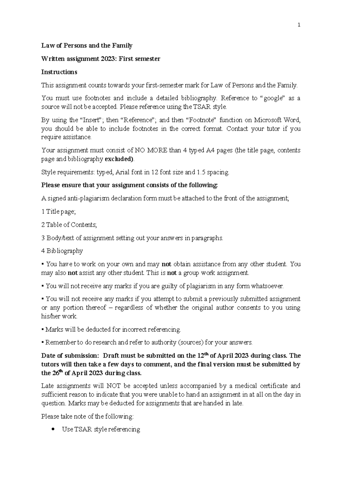 Written assignment Law of Persons 2023 March - 1 Law of Persons and the ...