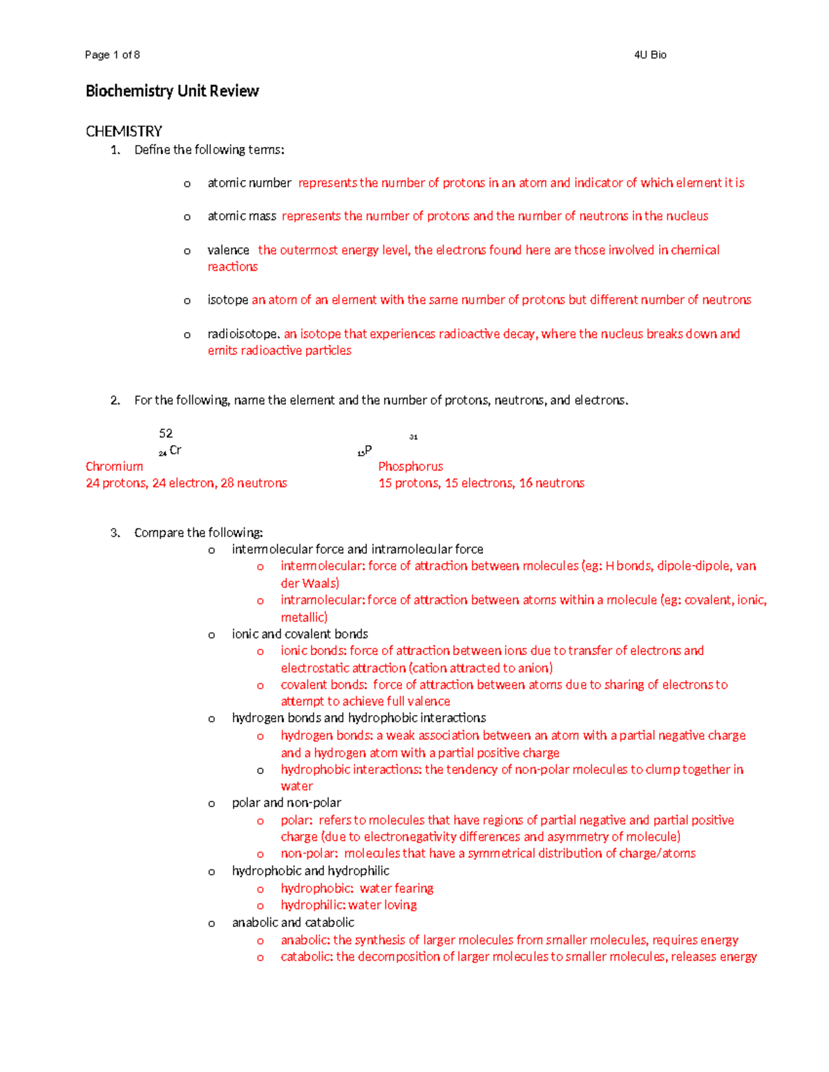 Biochem Review Answers - Biochemistry Unit Review CHEMISTRY 1. Define ...
