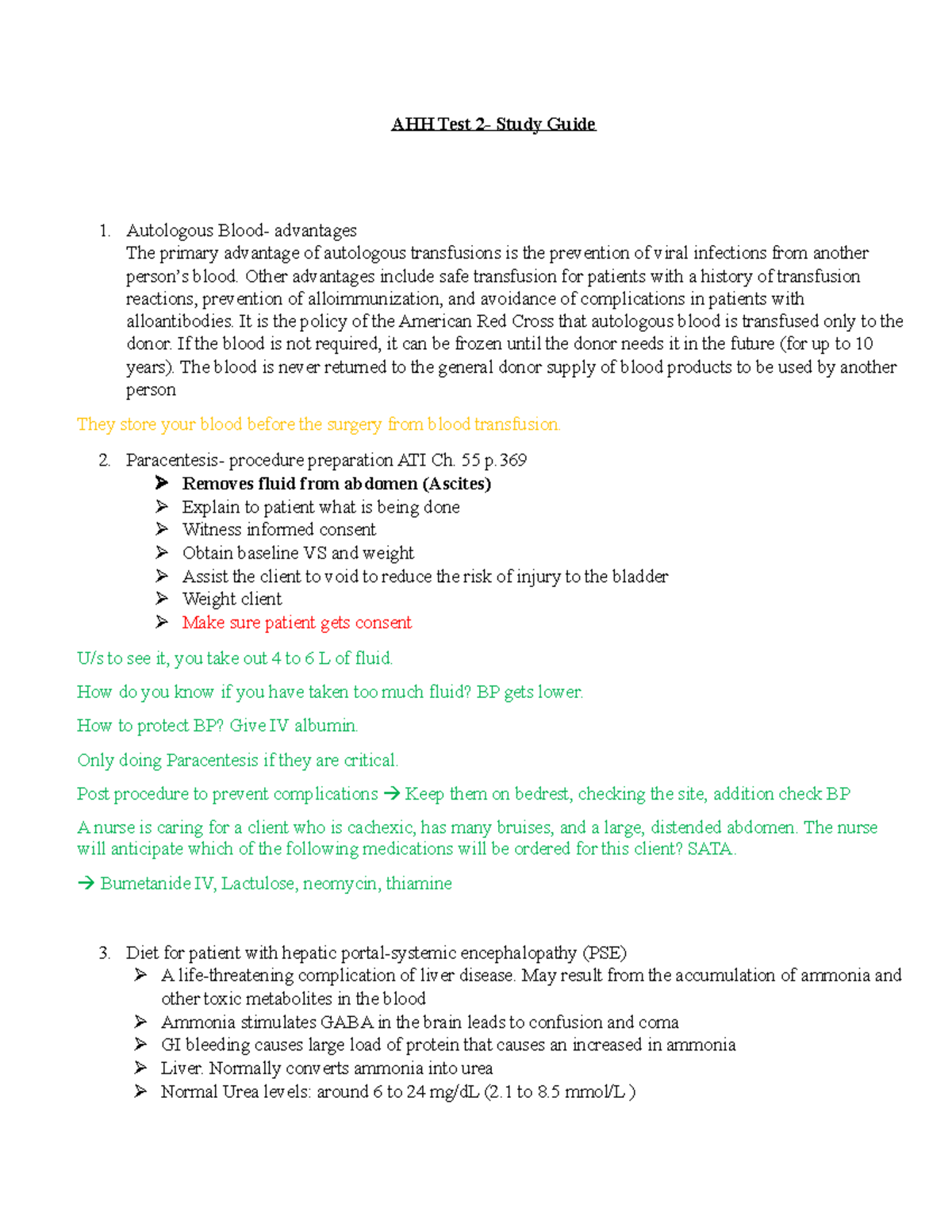 AHH Test 2 Dayana Garcia - AHH Test Study Guide 1. Autologous ...