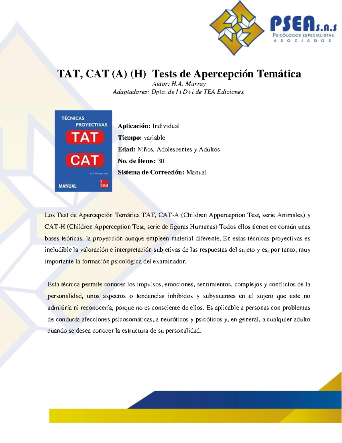 TAT CAT A HTests de Apercepcion Tematica - TAT, CAT (A) (H) Tests de ...