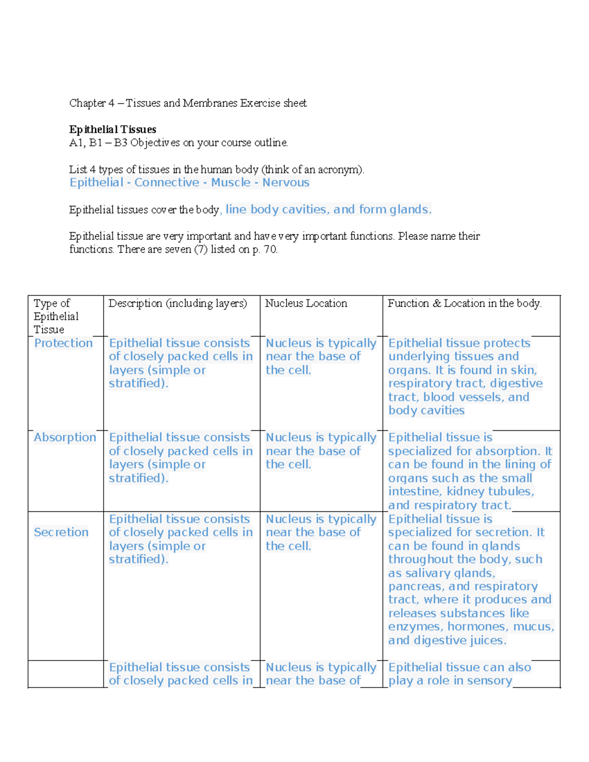 Week 3 & 4 - Tissues, Membranes and Skin Exercise Sheet 1 - Chapter 4 – Tissues and Membranes ...