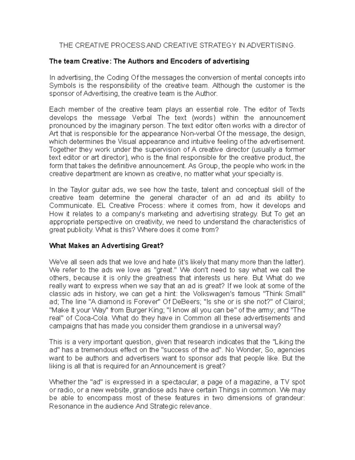 THE CREATIVE PROCESS AND CREATIVE STRATEGY IN ADVERTISING. - The team ...