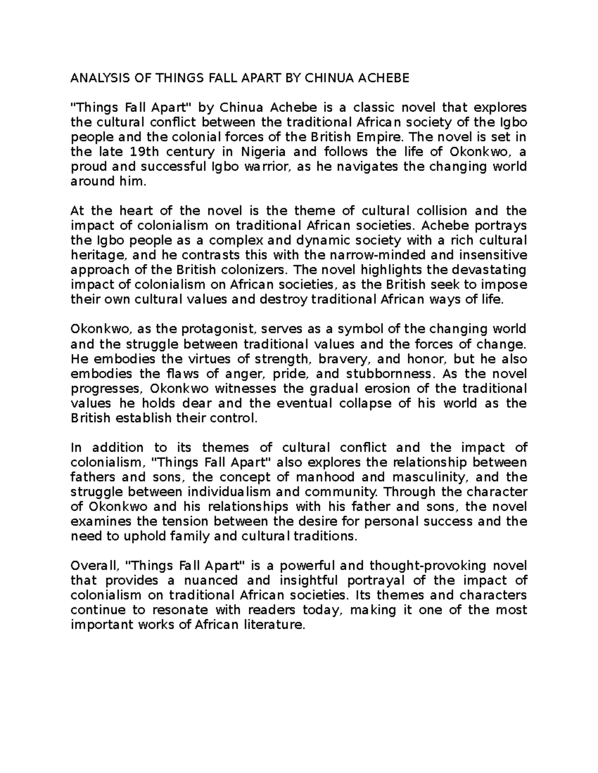 Analysis OF Things FALL Apart BY Chinua Achebe - ANALYSIS OF THINGS ...