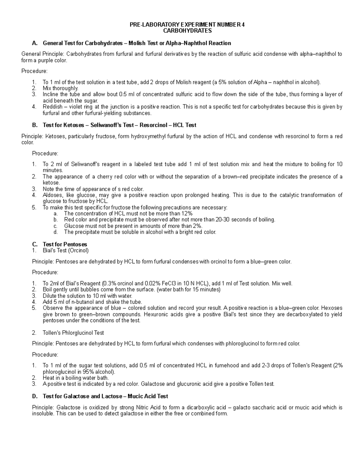 Experiment 4-6 - PRE-LABORATORY EXPERIMENT NUMBER 4 CARBOHYDRATES A ...