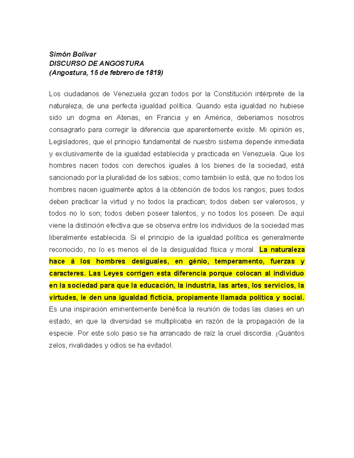 Simón Bolíva 1 - Pensamiento - Simón Bolívar DISCURSO DE ANGOSTURA ...