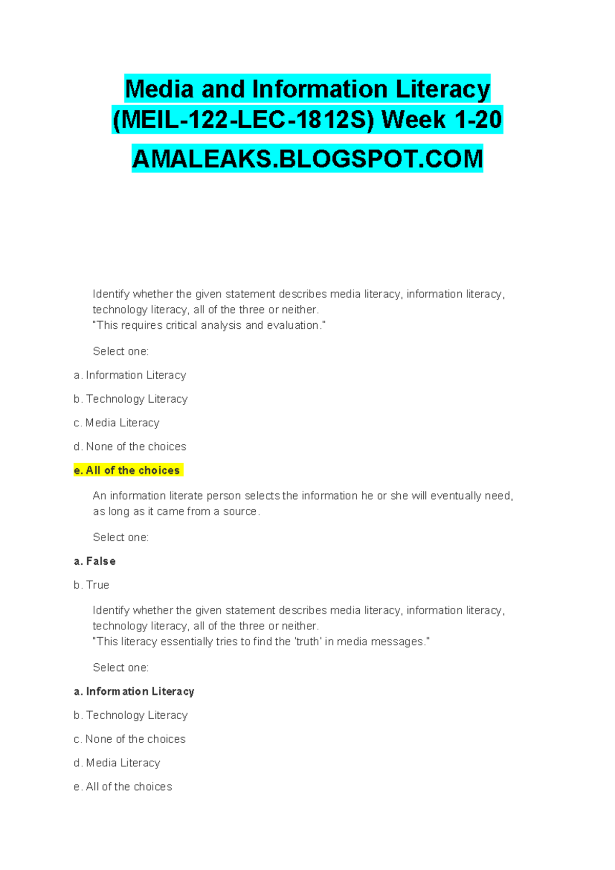 [ Amaleaks. Blogspot.COM] Media and Information Literacy (MEIL-122-LEC-1812S) Week 1-20 - Media ...