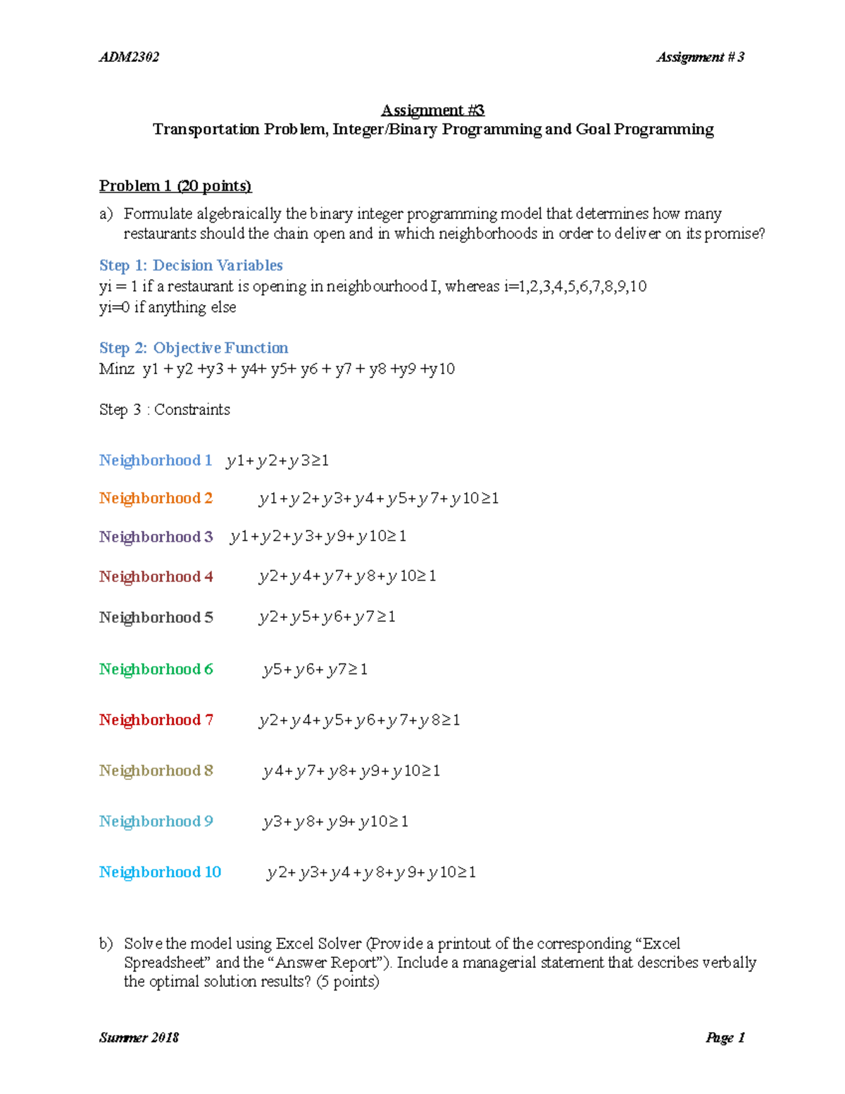 ADM 2302 Assignment 3 - ADM2302 Assignment # 3 Assignment #3 Transportation Problem, Integer ...