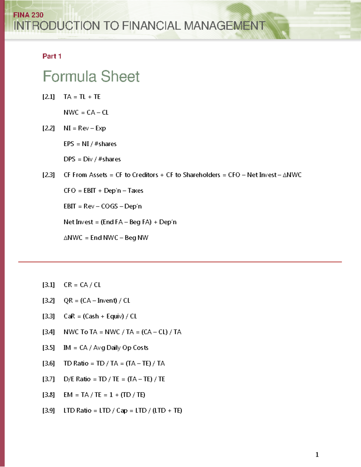 FINA230 - Formula Sheet - FINA 230 INTRODUCTION TO FINANCIAL MANAGEMENT ...