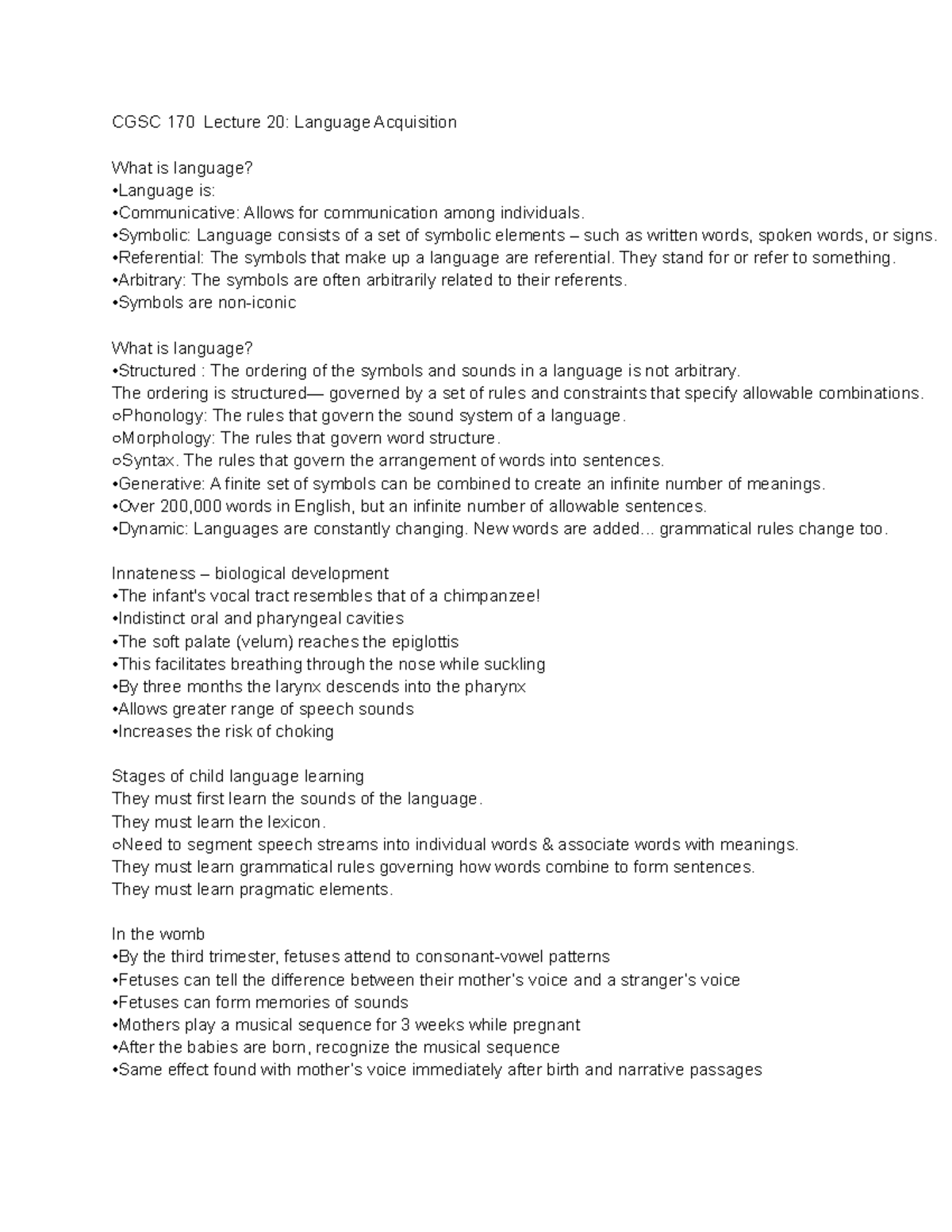 CGSC 170 Lecture 20 Language Acquisition - CGSC 170 Lecture 20: Language Acquisition What is ...