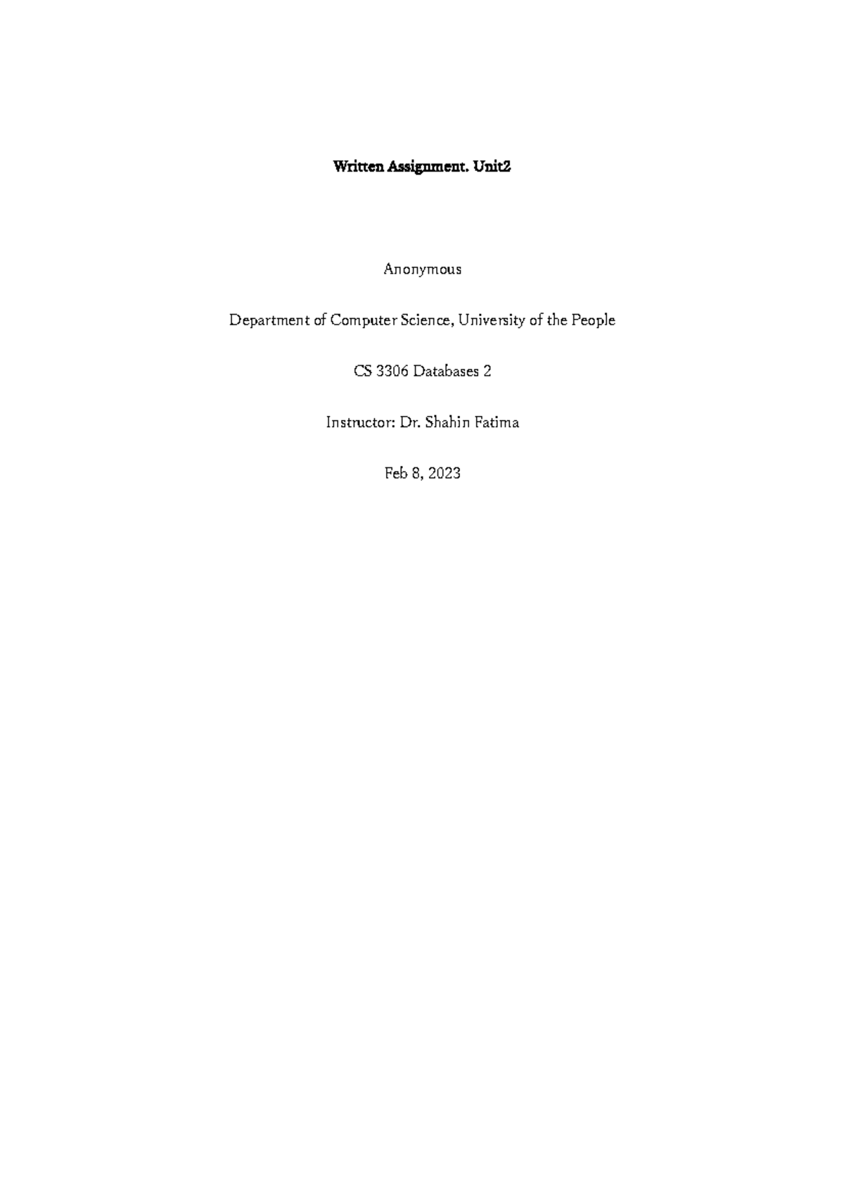 Written Assignment Unit 2 Anonymous Department Of Computer Science
