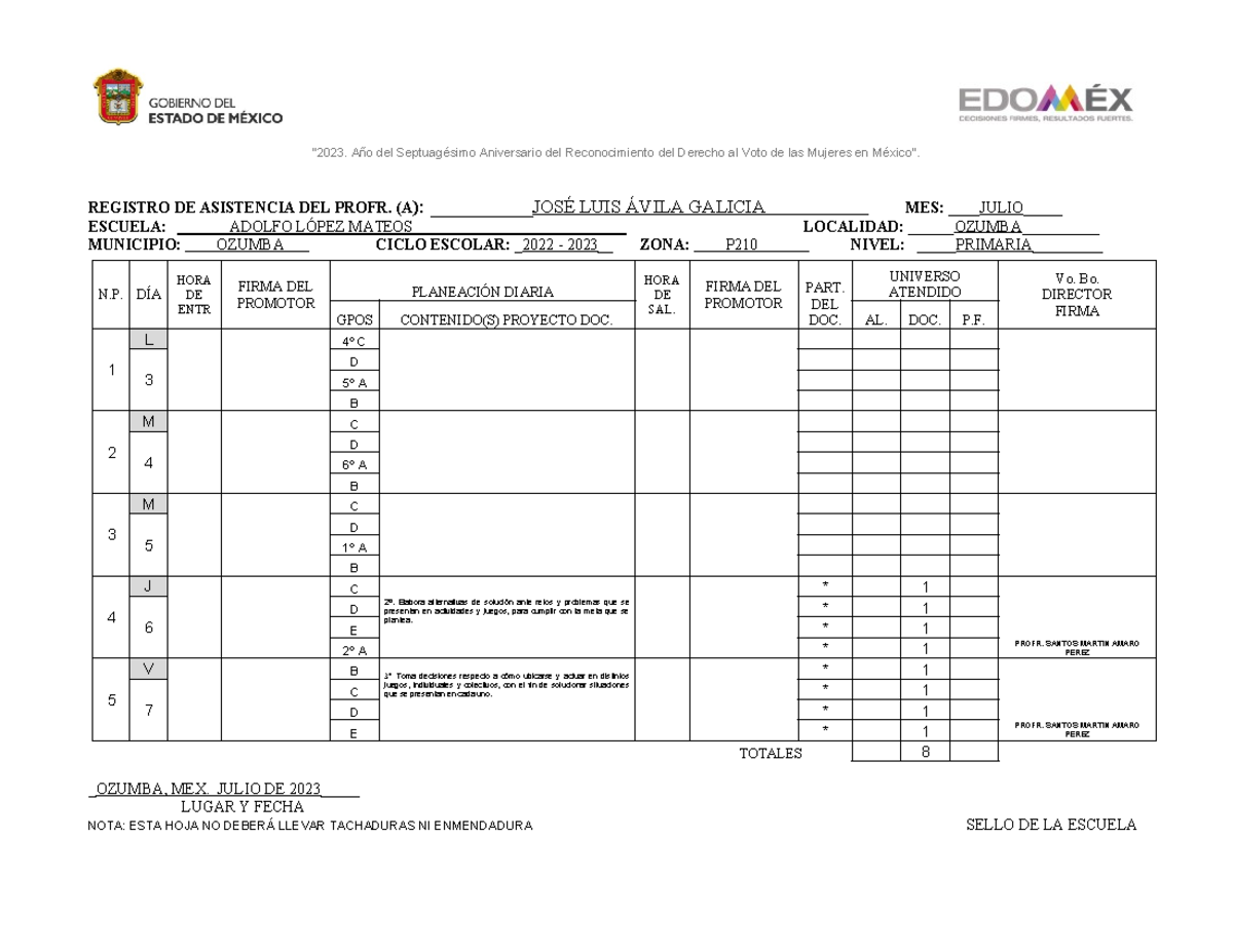 HOJA DE Firmas Julio 2022-2023 - REGISTRO DE ASISTENCIA DEL PROFR. (A ...