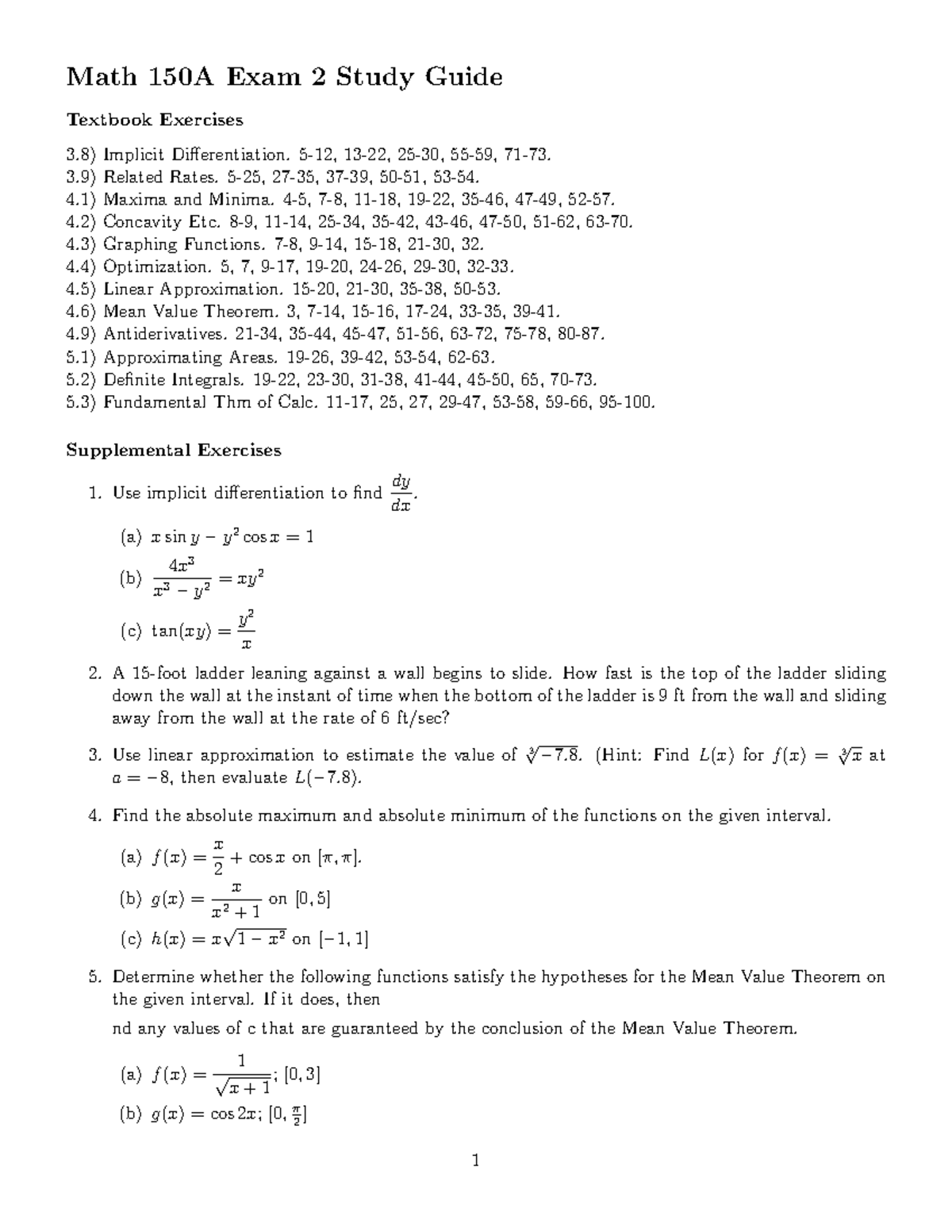 study guide for exam 2 - Math 150A Exam 2 Study Guide Textbook ...