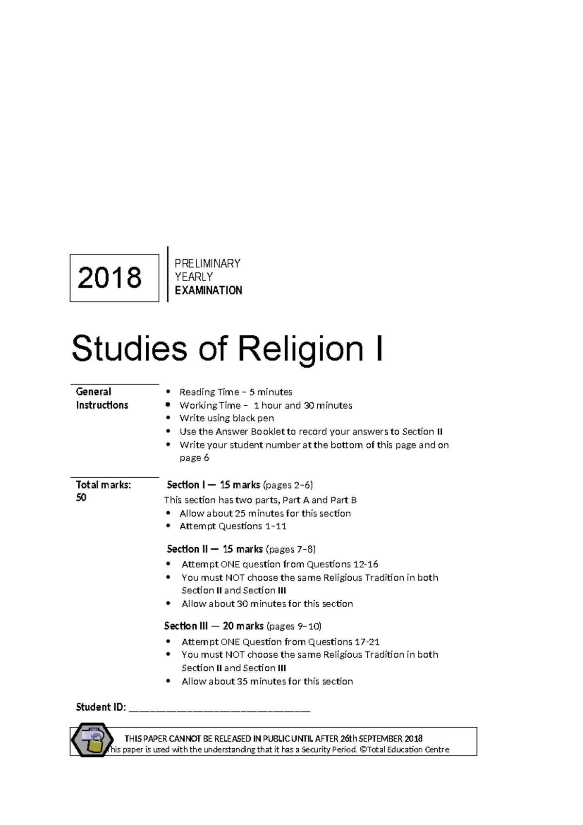2018 Studies of Religion I Prelim - Studies of Religion I General ...