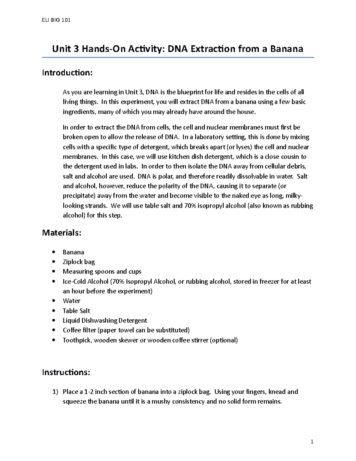 Mod3 Isolating DNA From a Banana - ELI BIO 101 Unit 3 Hands-On Activity ...