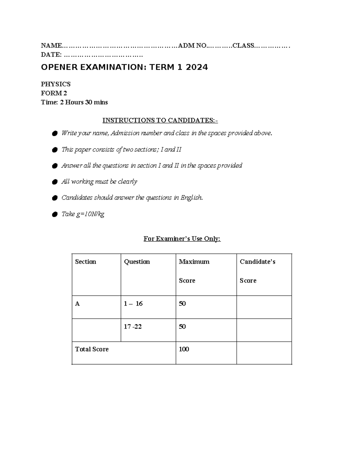 Physics F2 Exam Term 1 REV QNS - NAME