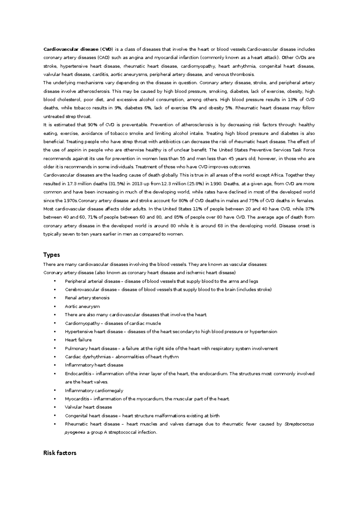 Slevins Revision Notes - Cardiovascular disease (CVD) is a class of ...