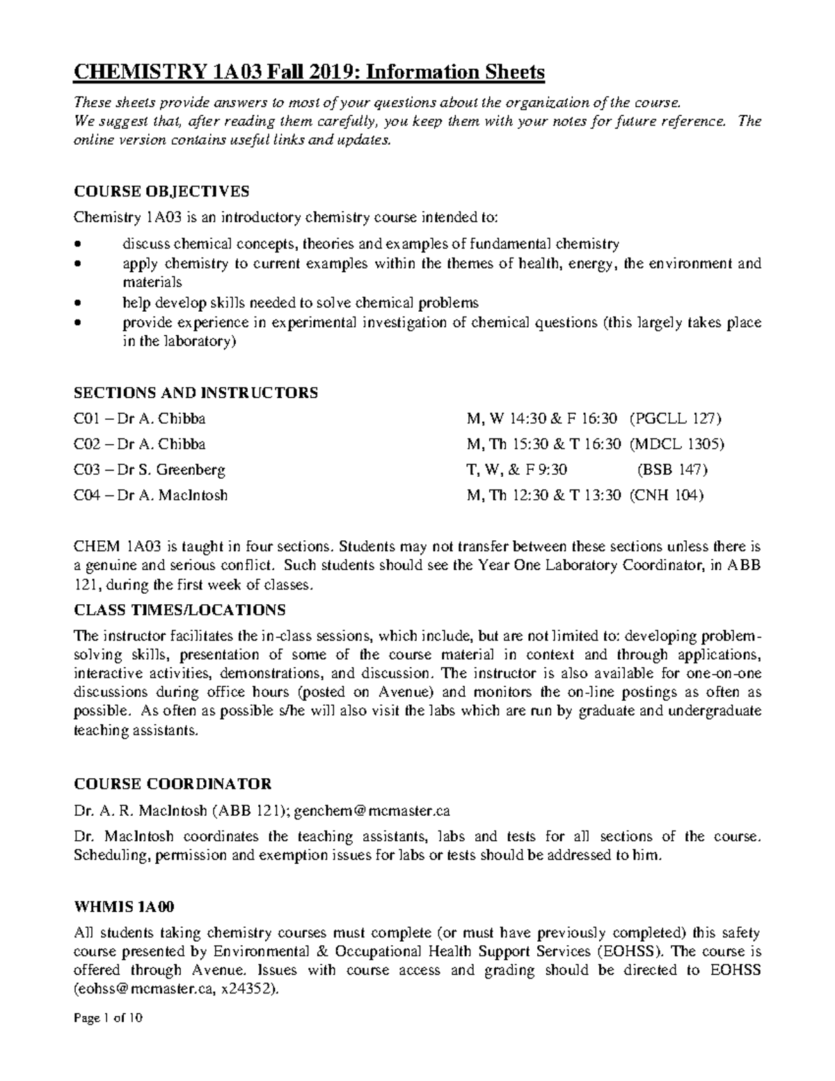 Course Outline - CHEMISTRY 1A03 Fall 201 9: Information Sheets These ...