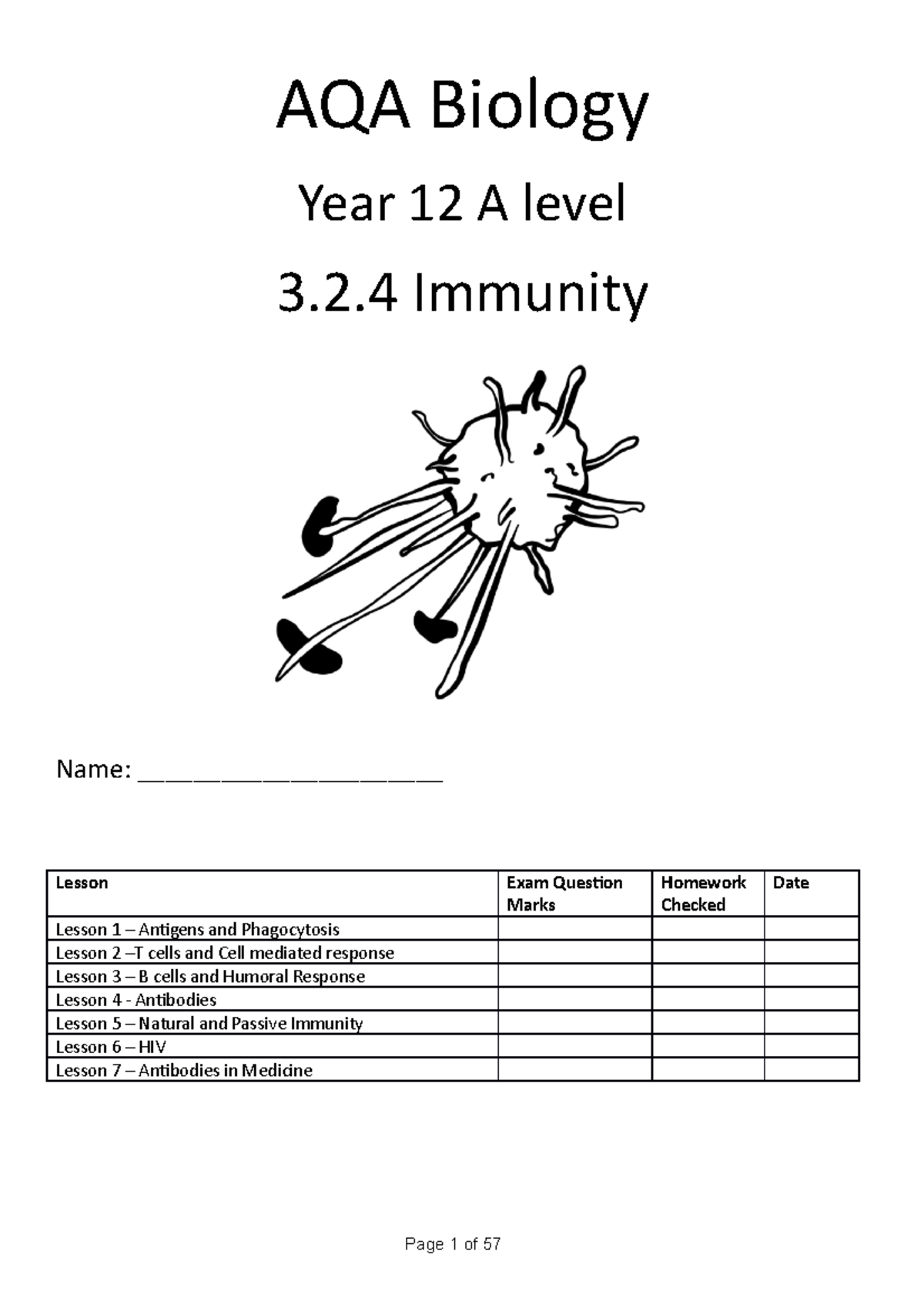 Y12-immunity-booklet - AQA Biology Year 12 A level 3.2 Immunity Name