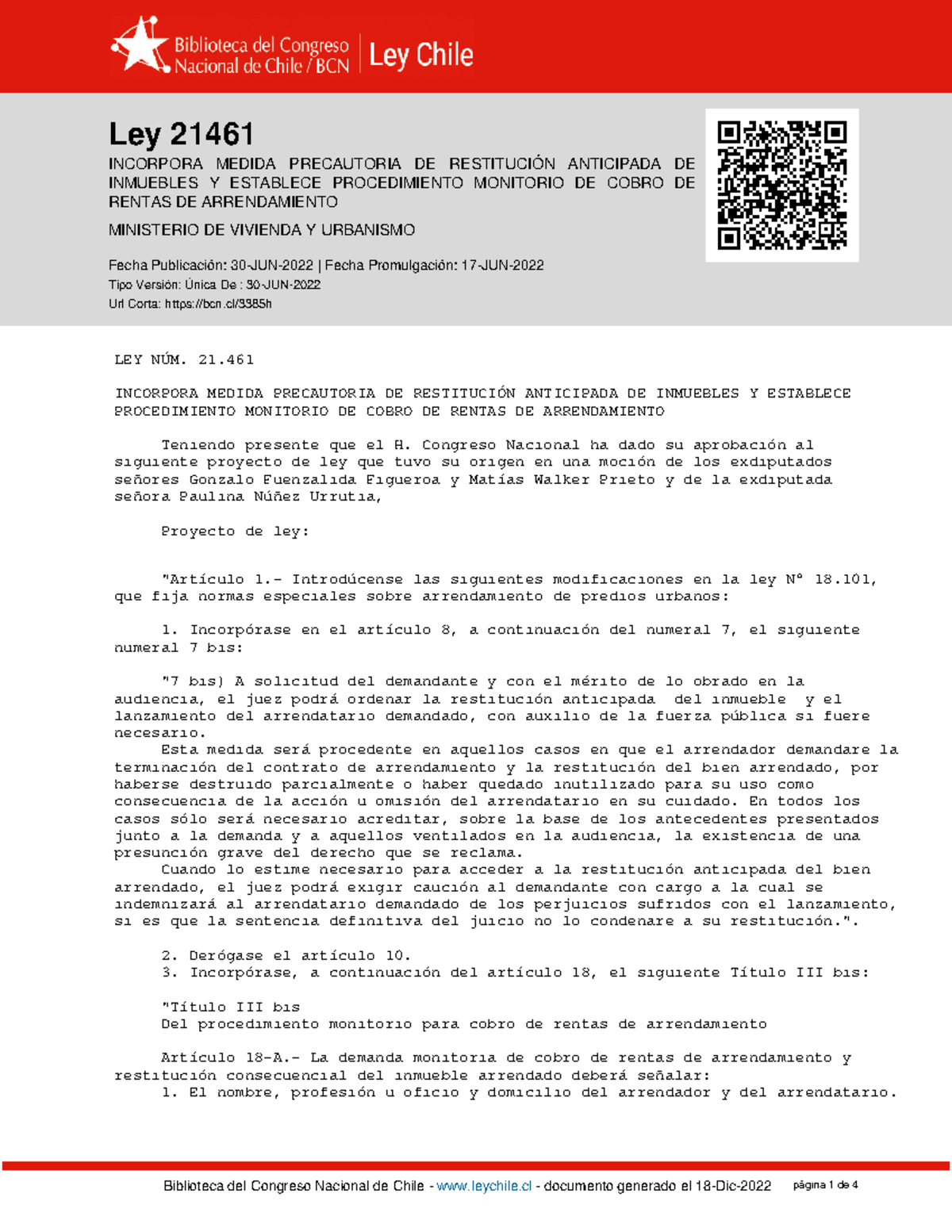 Ley-21461 30-JUN-2022 - Ley 21461 INCORPORA MEDIDA PRECAUTORIA DE ...