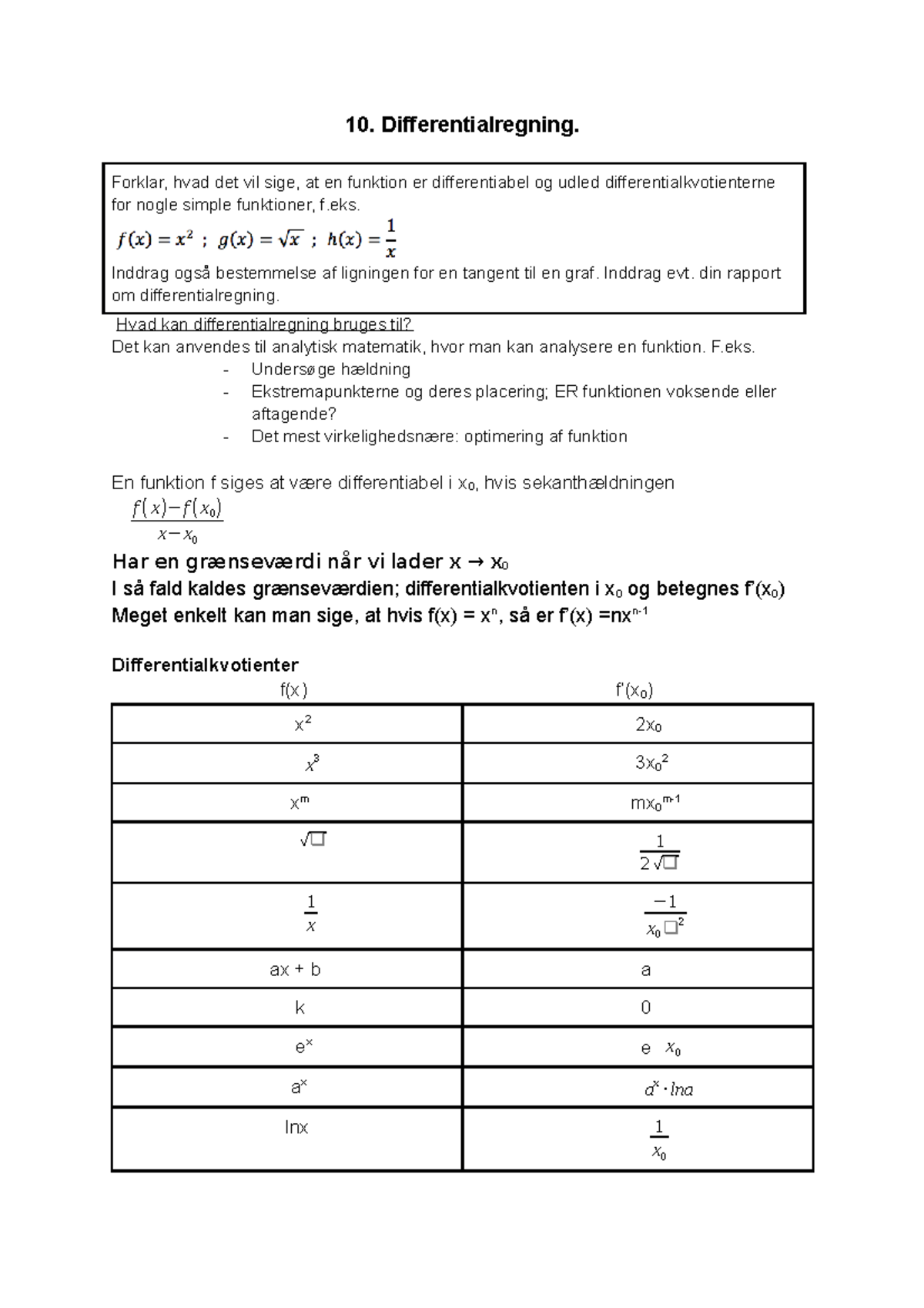 Differentialregning dispostion - 10. Differentialregning. Forklar, hvad ...