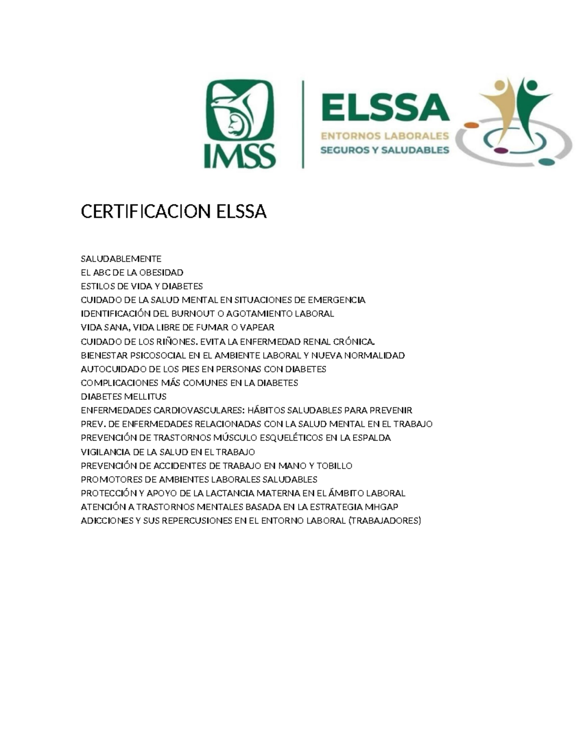LISTADO DE CURSOS DE Certificacion Elssa - CERTIFICACION ELSSA ...