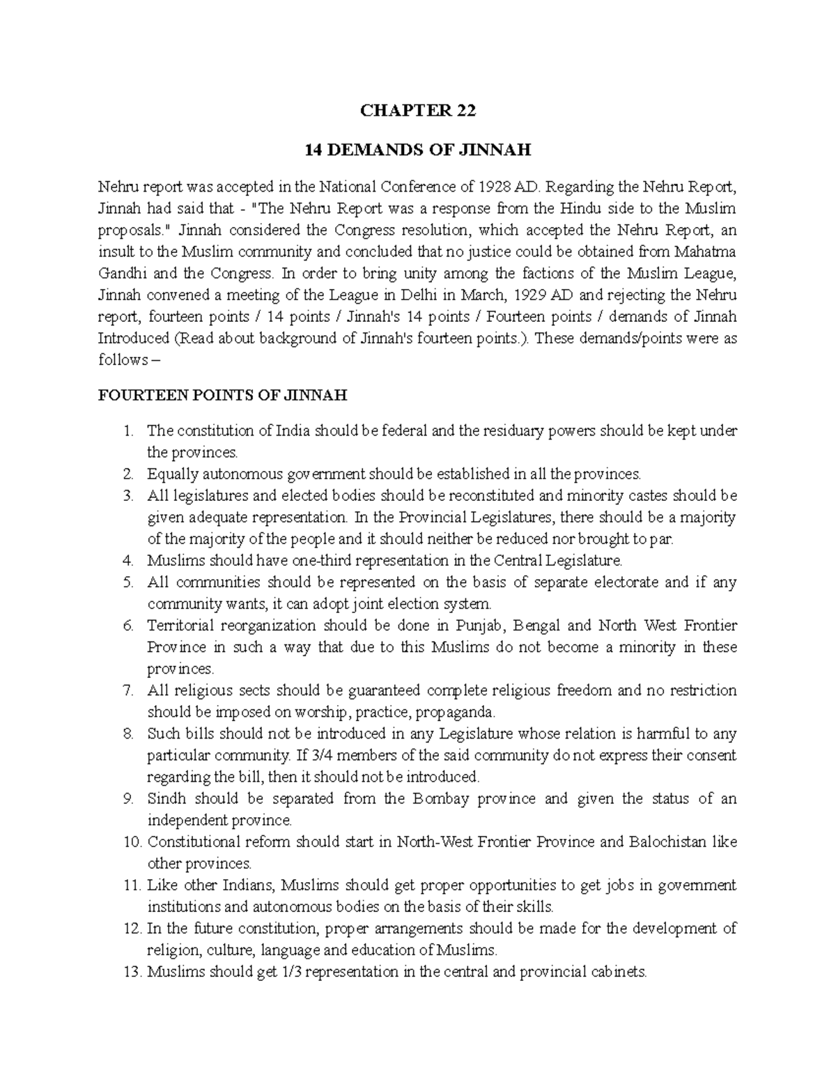 Chapter 22 14 Demands OF Jinnah - CHAPTER 22 14 DEMANDS OF JINNAH Nehru ...
