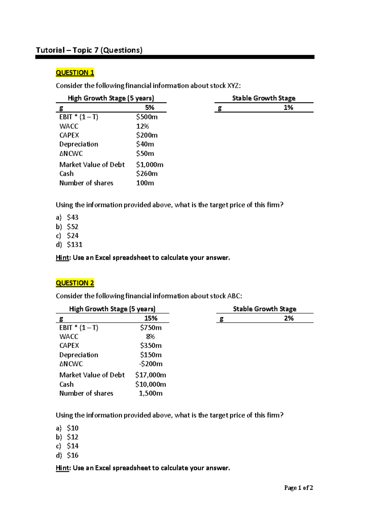 Tutorial (Q) Topic 7 – Valuing Equity (2)-1 - Page 1 of 2 Tutorial ...