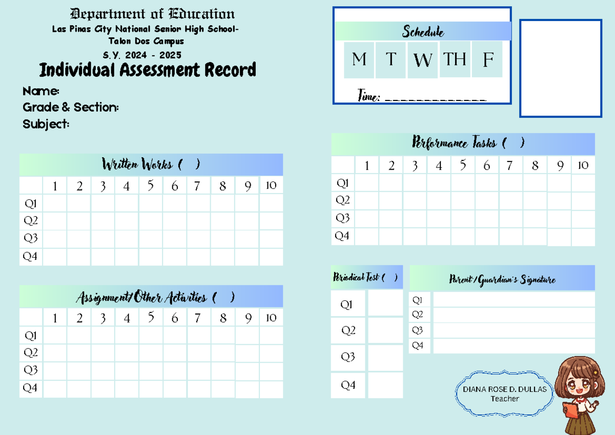 Individual Assessment Record - Name: Grade & Section: Subject: 1 2 3 4 ...