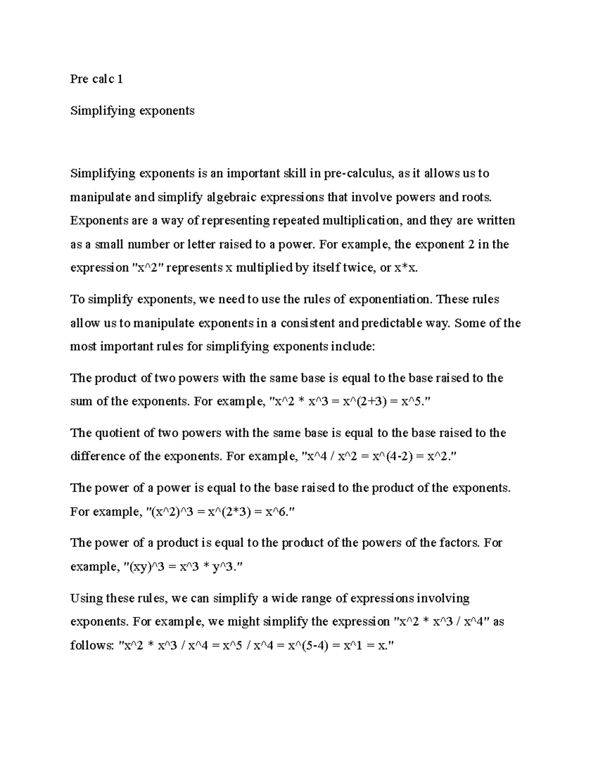 Pre calc Simplifying exponents - Pre calc 1 Simplifying exponents Simplifying exponents is an ...