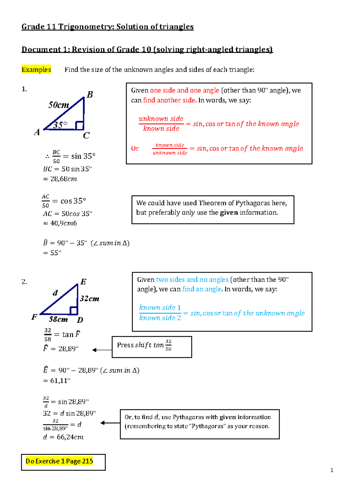 Solution of triangles THE SINE COS AND AREA Rules - 35 ° C B 50cm A d ...