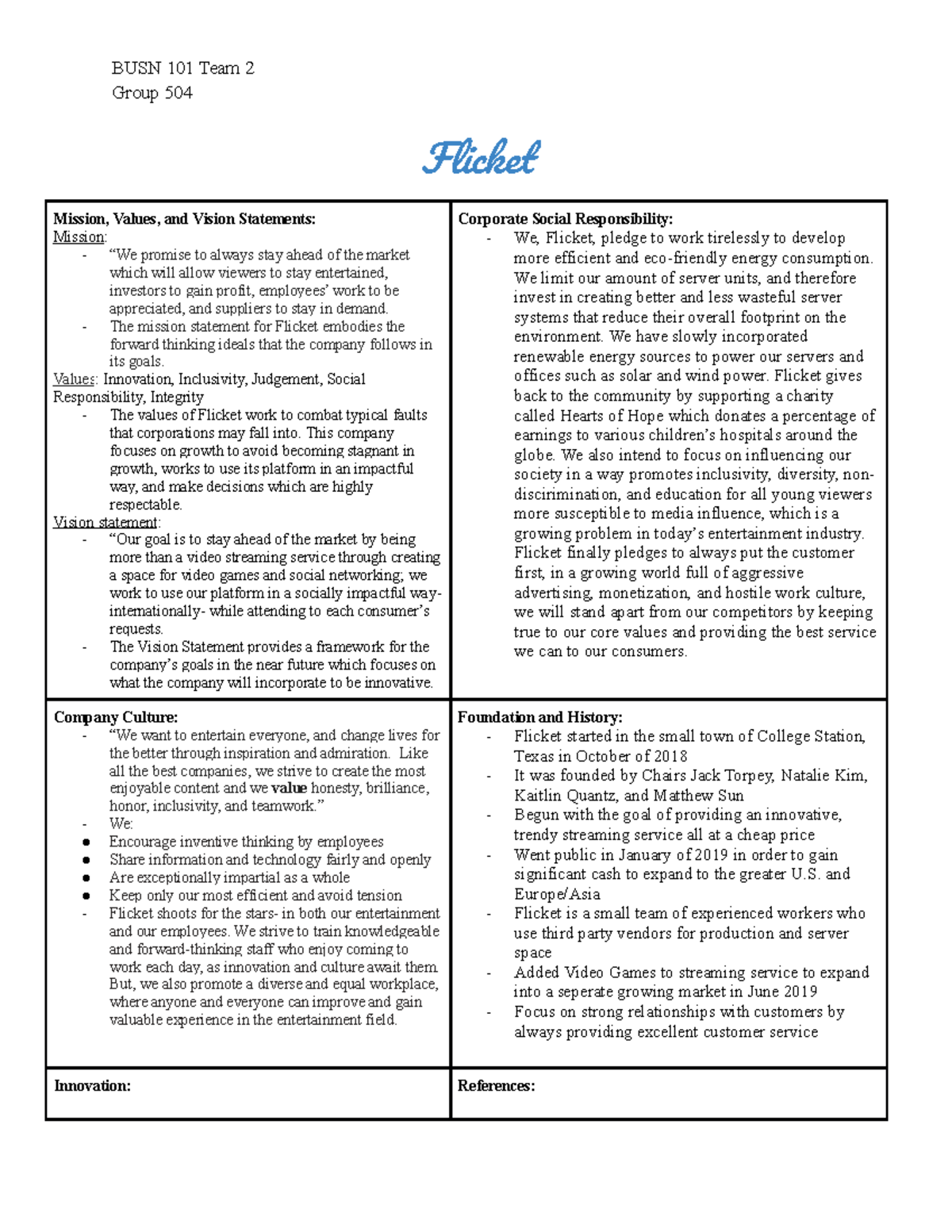 Week 10 deliverable FBI BUSN 101 - Group 504 Flicket Mission, Values ...